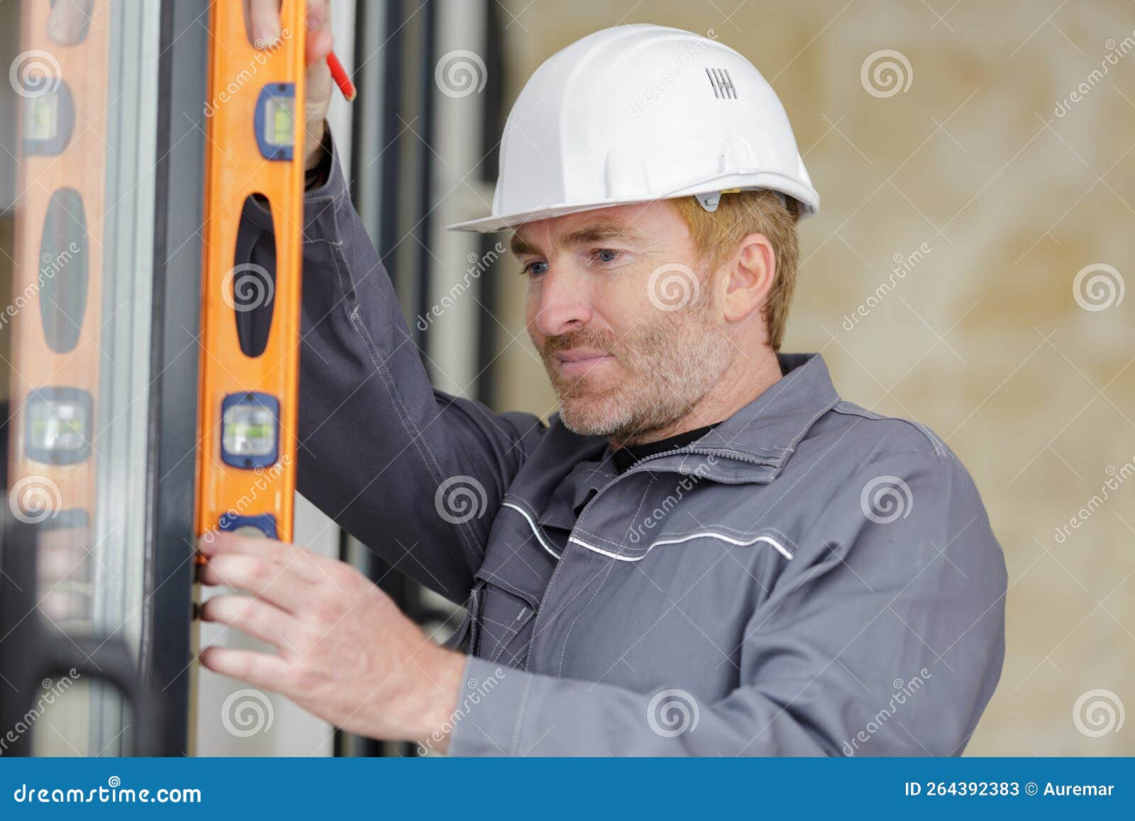 Builder man with level stock image. Image of architect - 264392383