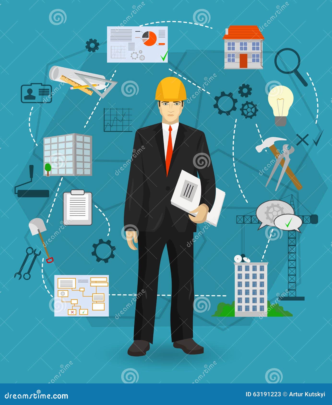 Builder Man Manager Worker Concept with Flat Icons. Construction and ...