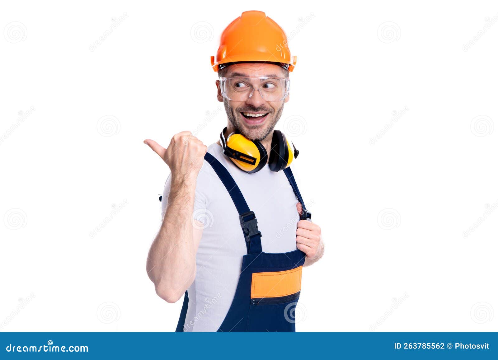 Builder Man Point Finger in Studio. Builder Man Wearing Uniform. Photo ...