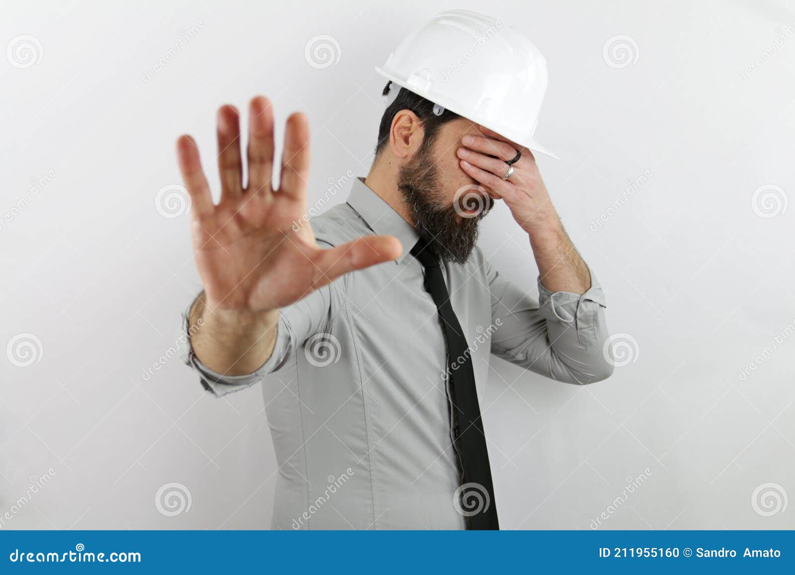 Builder Man Wearing Hardhat and Reflecting Jacket in Shock Covering ...