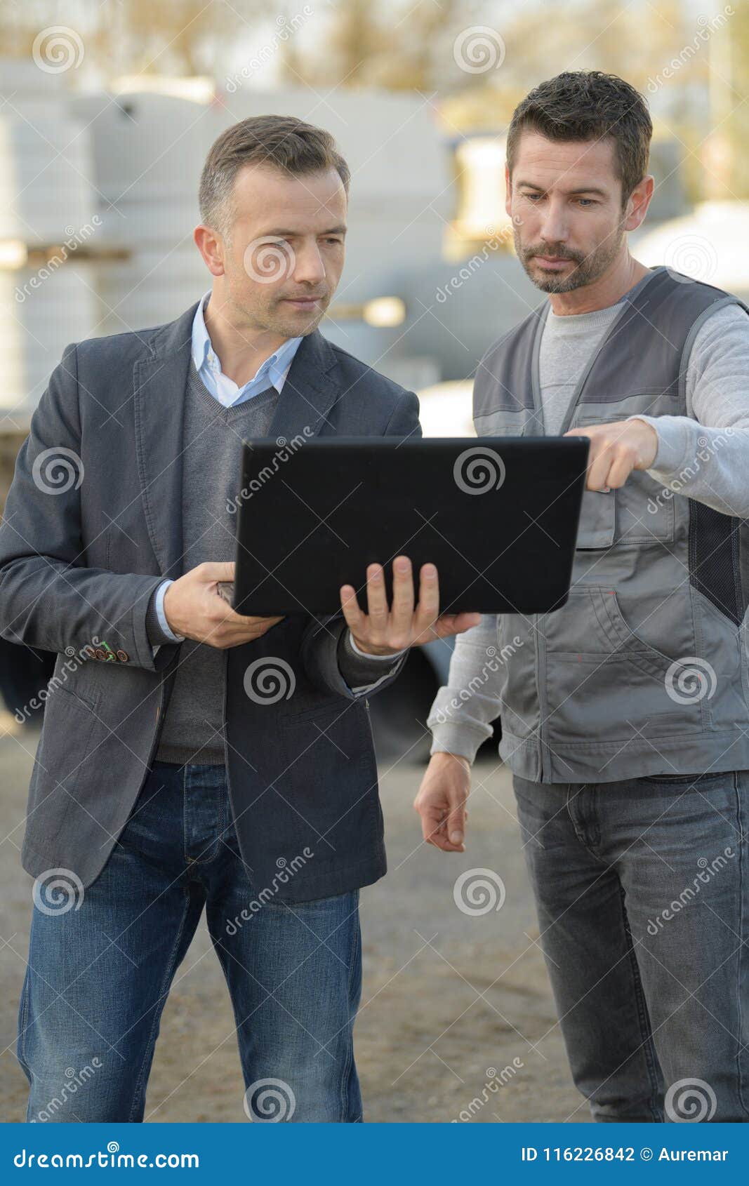 Builder and Manager with Laptop Computer Stock Photo - Image of outside ...