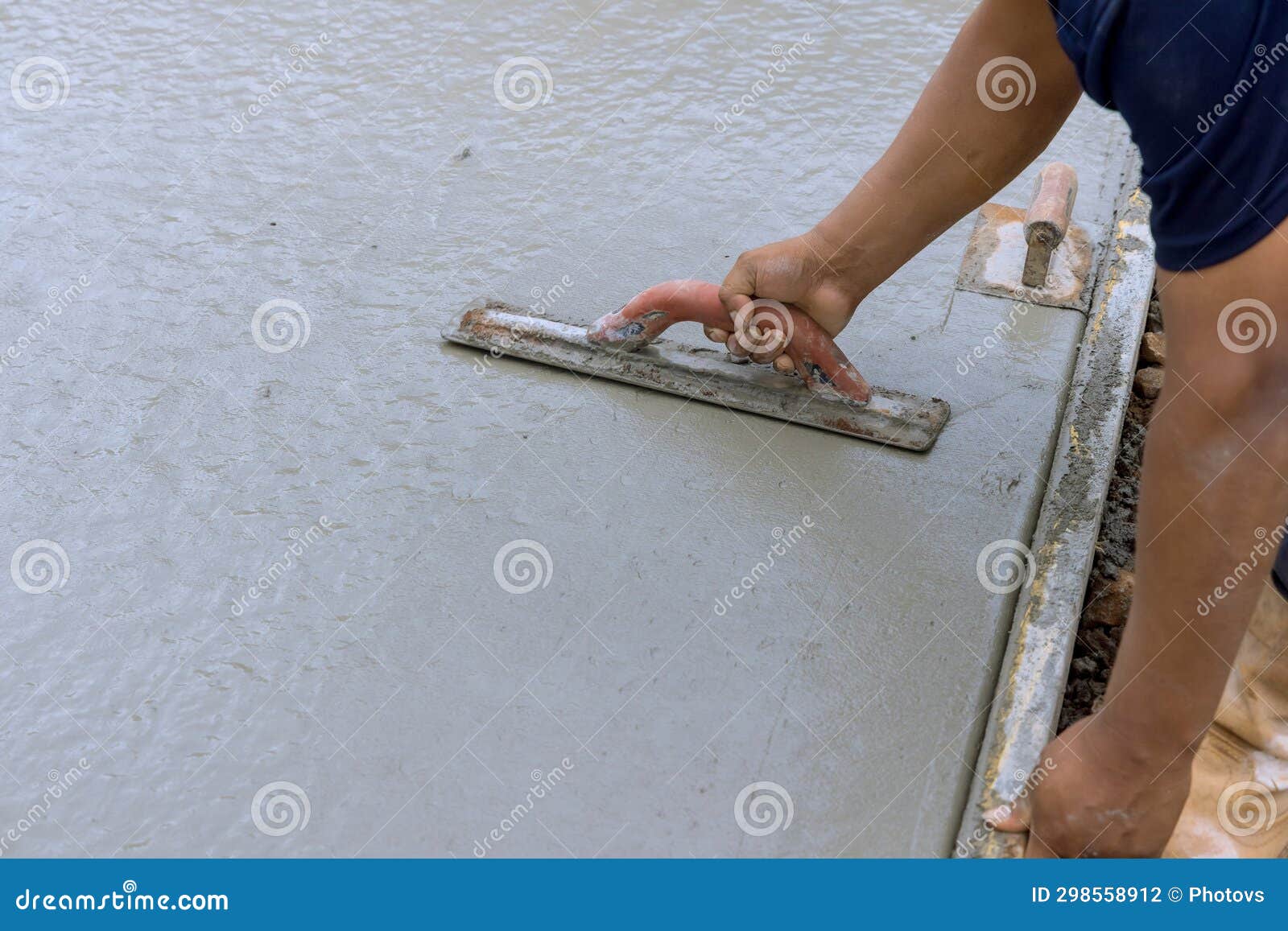 Builder Mason Worker Leveling Fresh Concrete Pavement Wet Cement Using ...