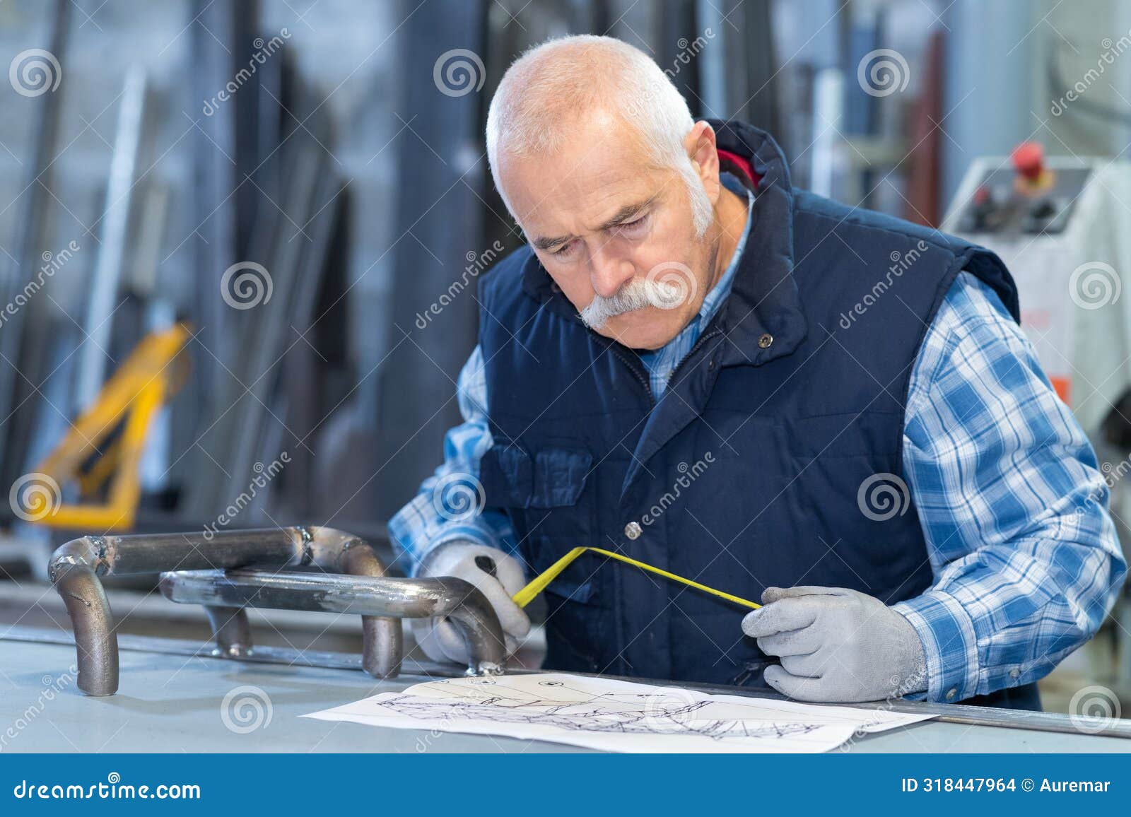 Builder Measuring Blueprints with Tape Measure Stock Photo - Image of ...