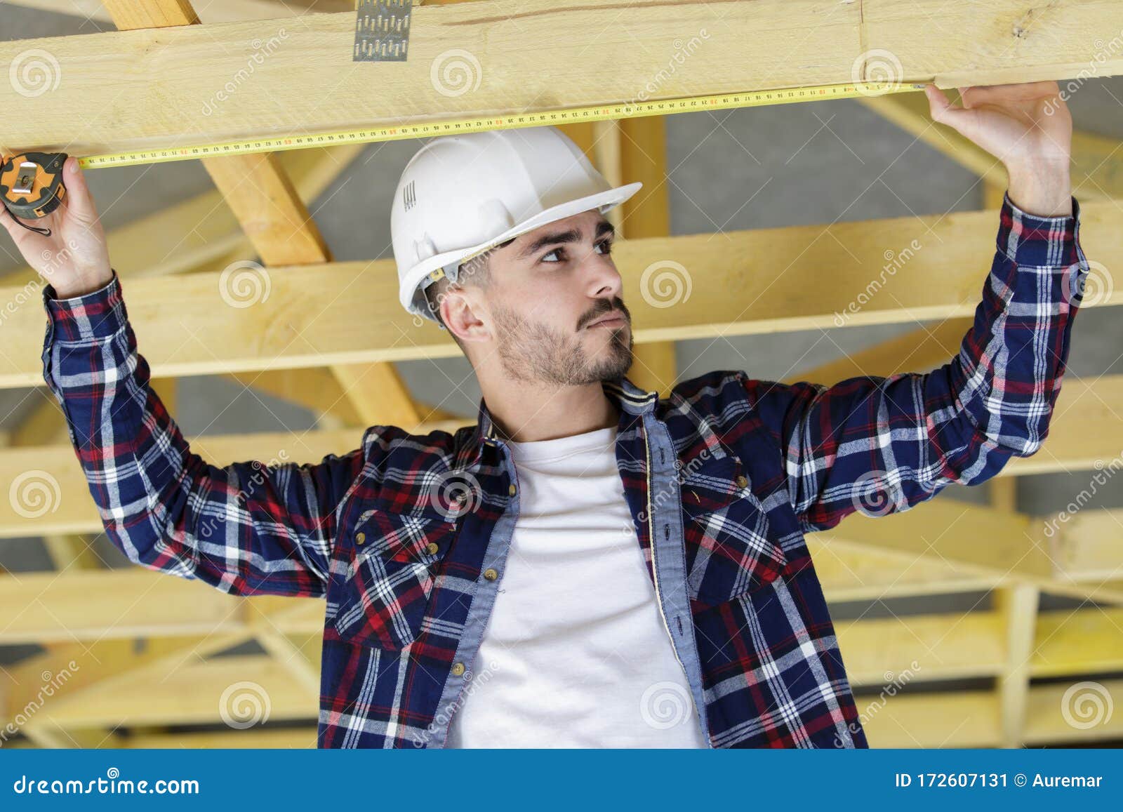 Builder Measuring Wooden Roof Beam Stock Image - Image of roofrepairs ...
