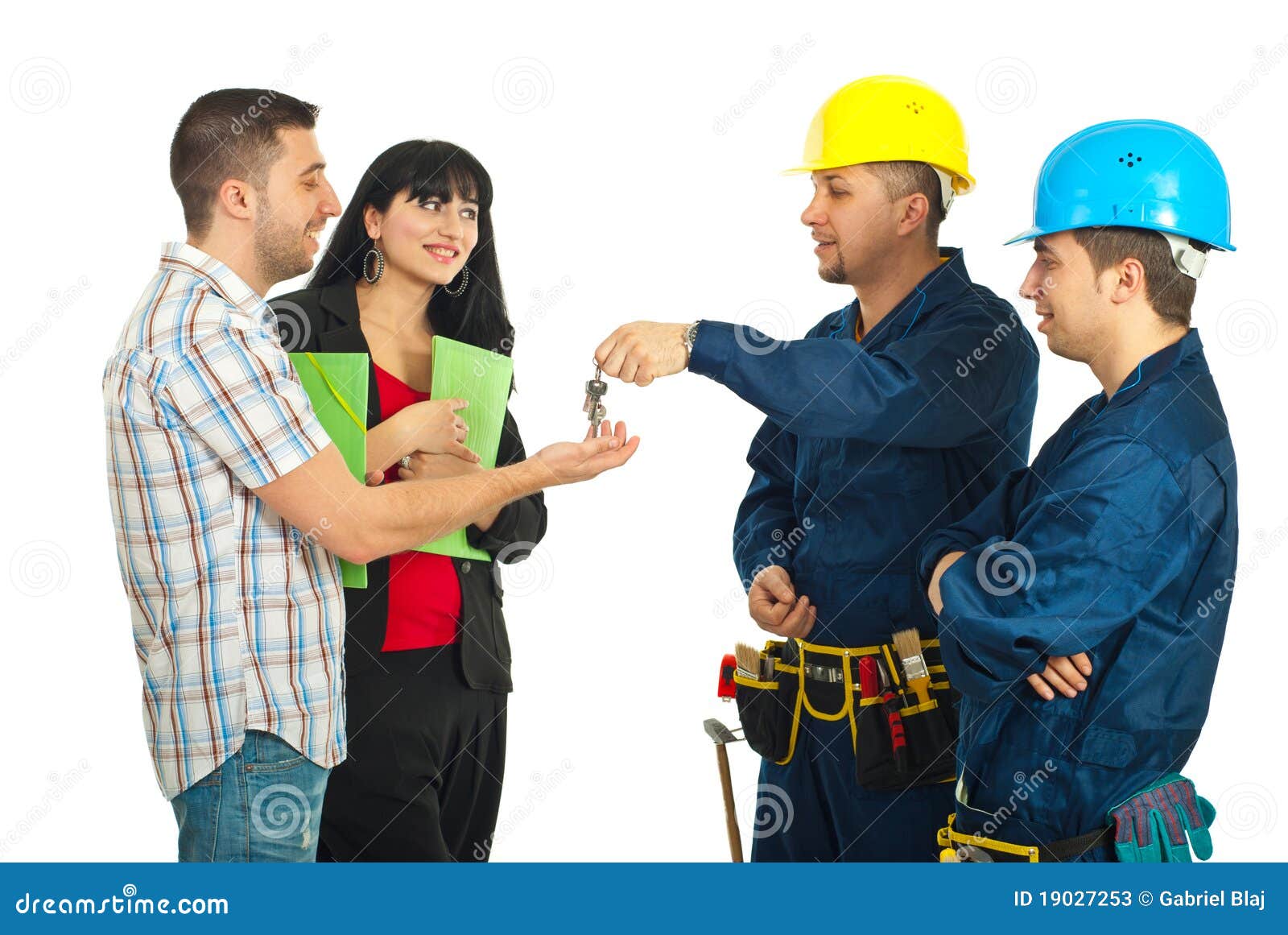 Builder Men Team Give House Keys To a Couple Stock Image - Image of ...