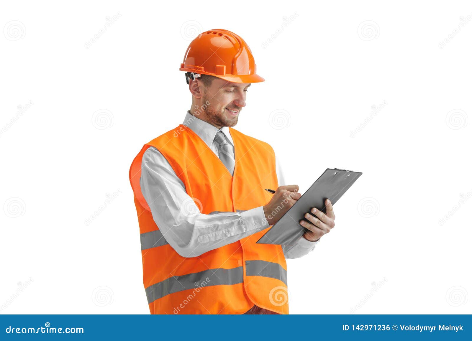 The Builder in Orange Helmet Isolated on White Stock Photo - Image of ...