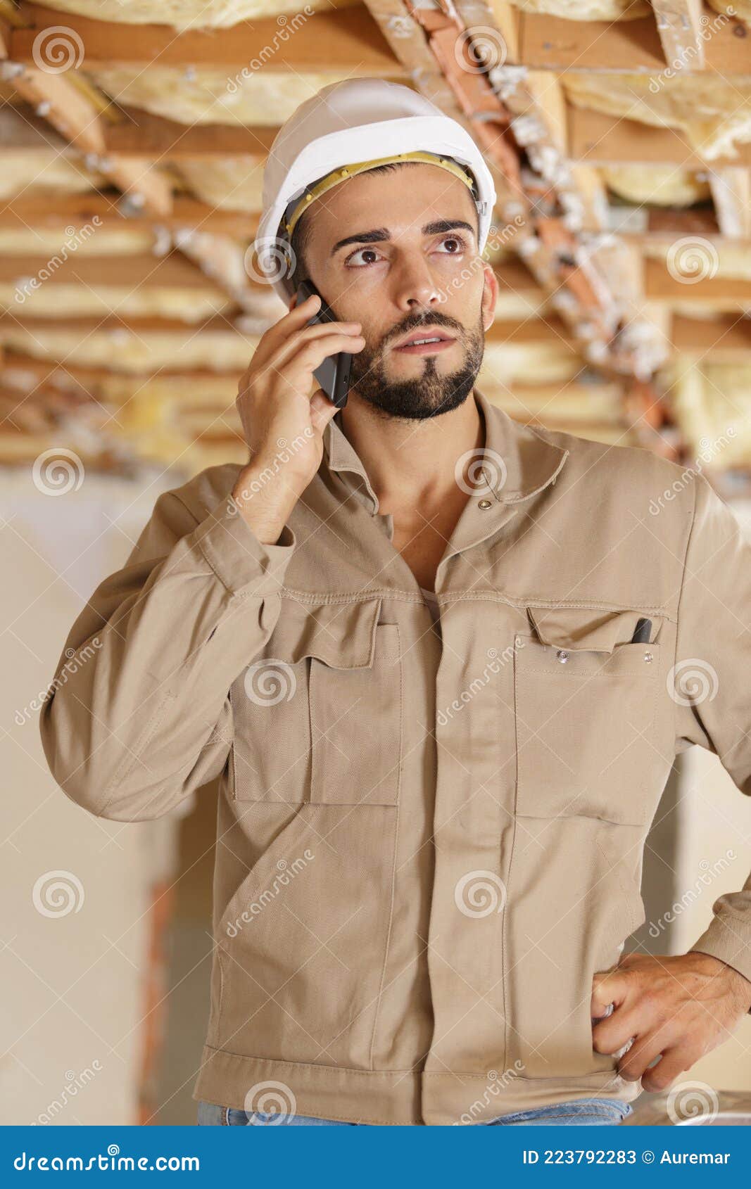 Builder on phone stock image. Image of technology, helmet - 223792283