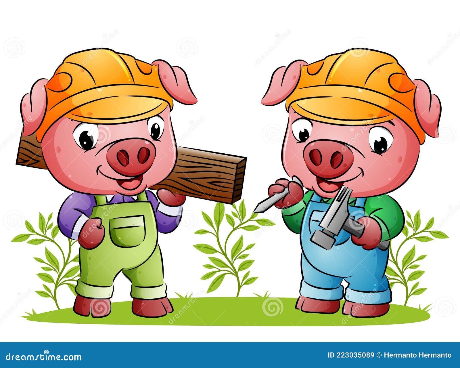 The Builder Pigs are Holding the Wooden Board and the Hammer Stock ...