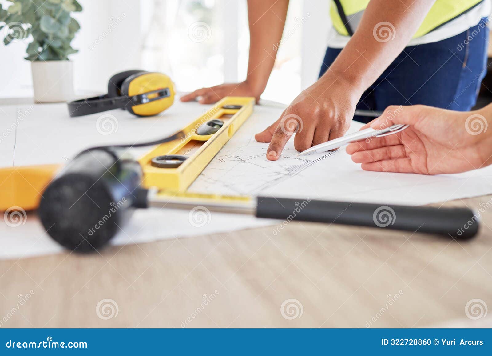 Builder, Planning and Blueprint of Hands with Tools, Engineering and ...