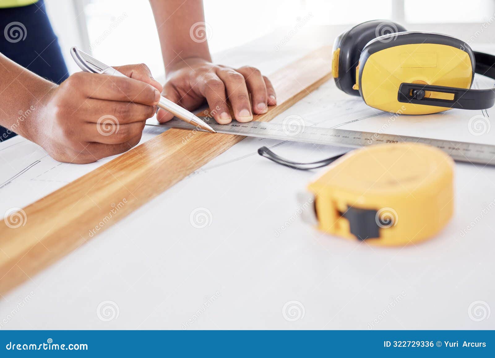 Builder, Planning and Blueprint of Person Hands with Tools, Measurement ...