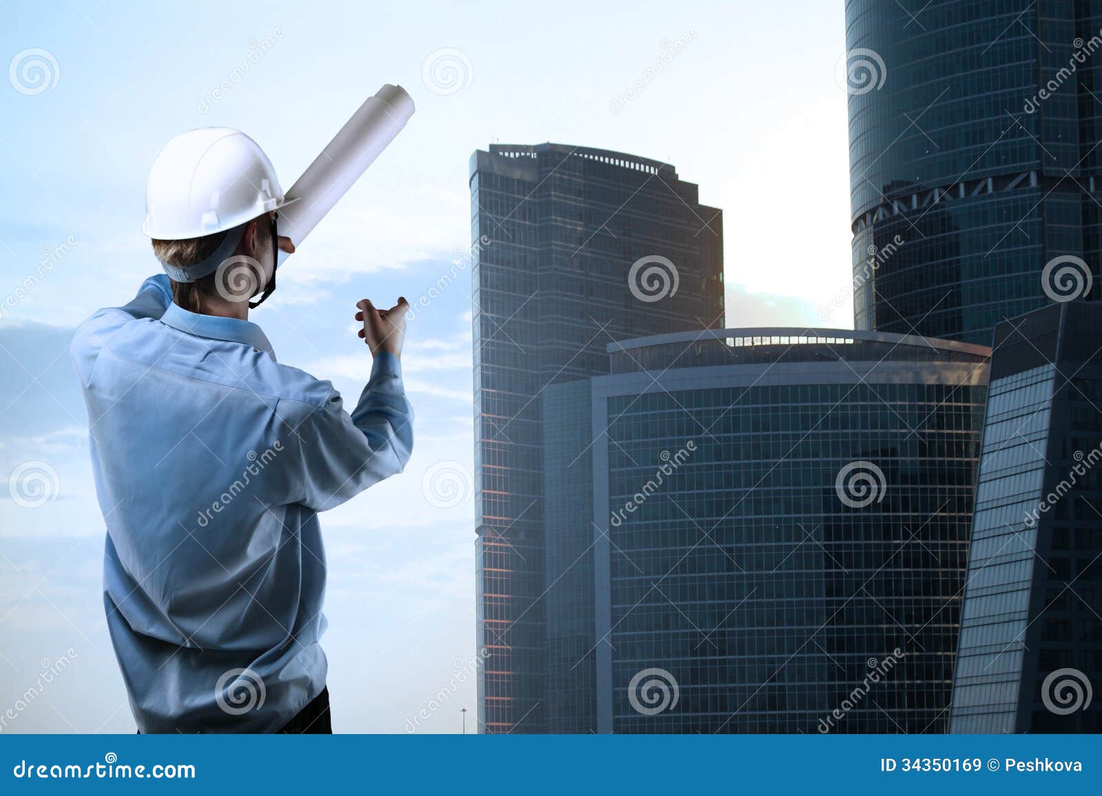 Builder Pointing at Downtown Stock Image - Image of glass, skyscraper ...