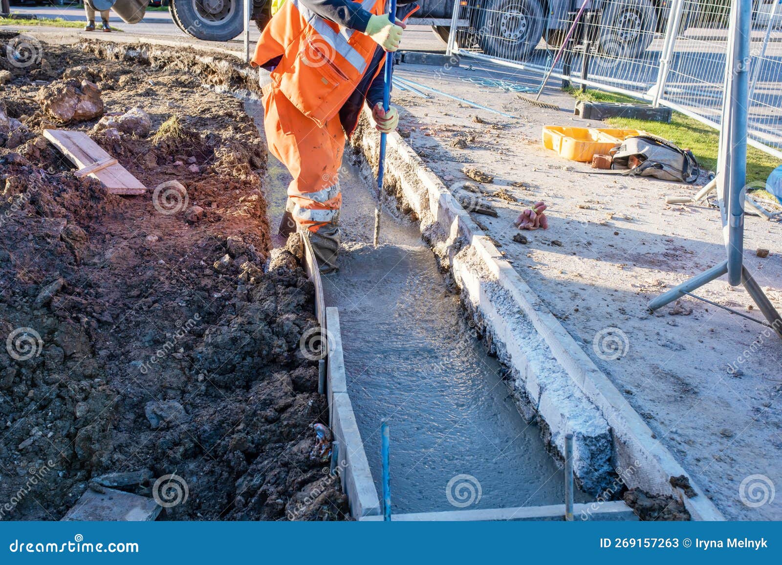 Builder Pouring Wall Foundation with Wet Ready-mix Concrete, Levelling ...
