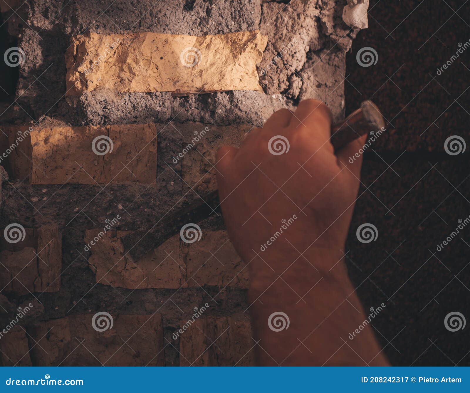 Builder Punches a Hole in the Wall with a Hammer, Close Up Stock Image ...