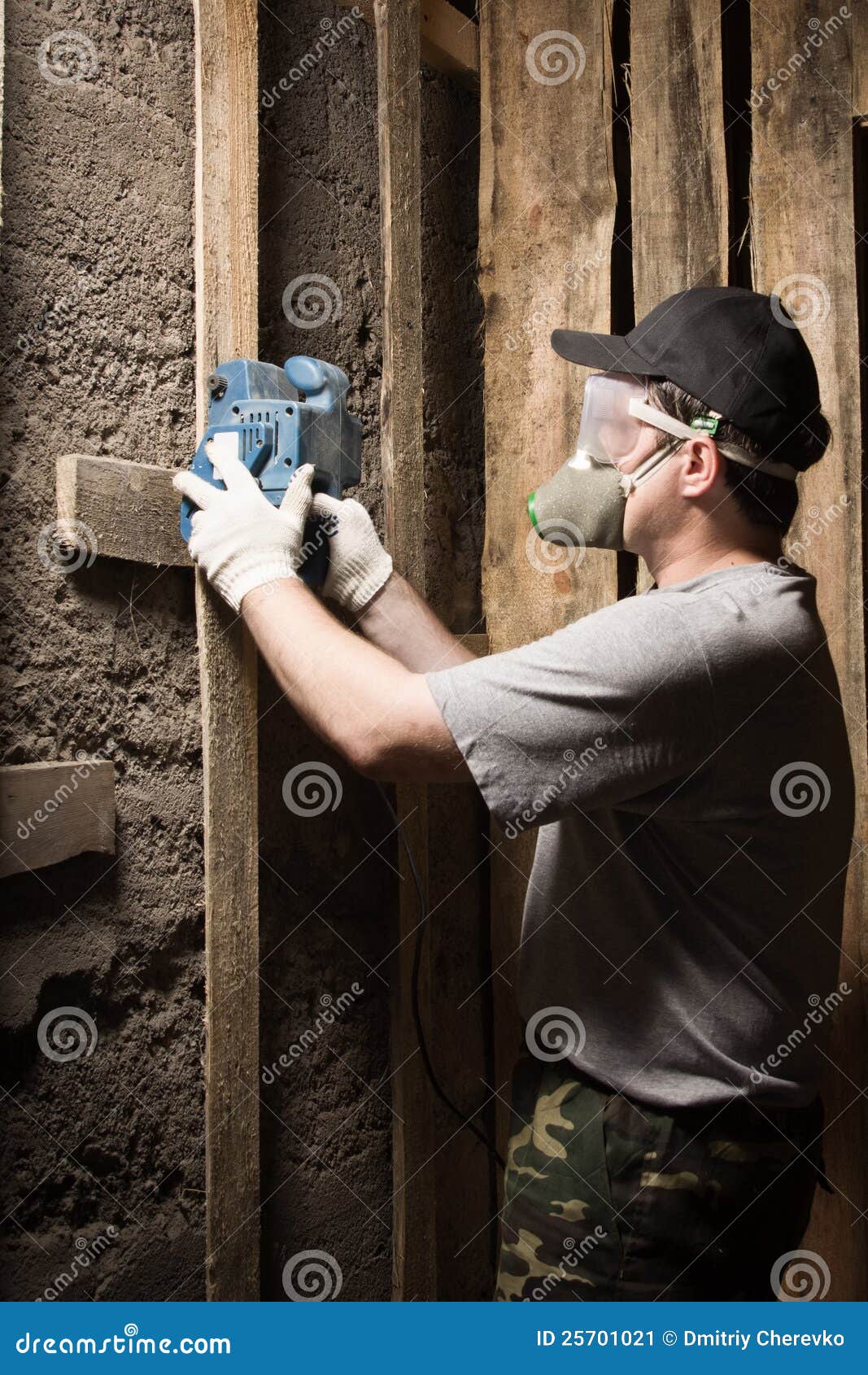Builder in a Respirator and Goggles Stock Image - Image of flooring ...