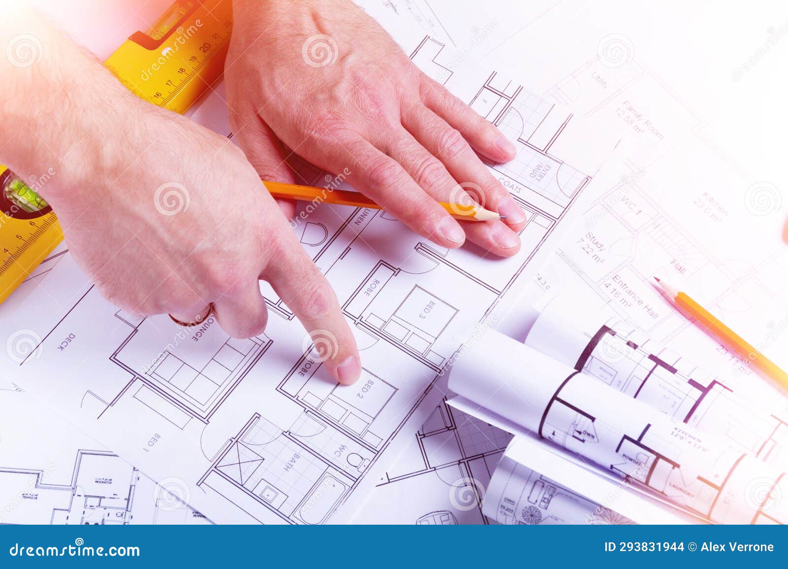 Builder& X27;s Hands on the Background of a House Plan. Construction ...