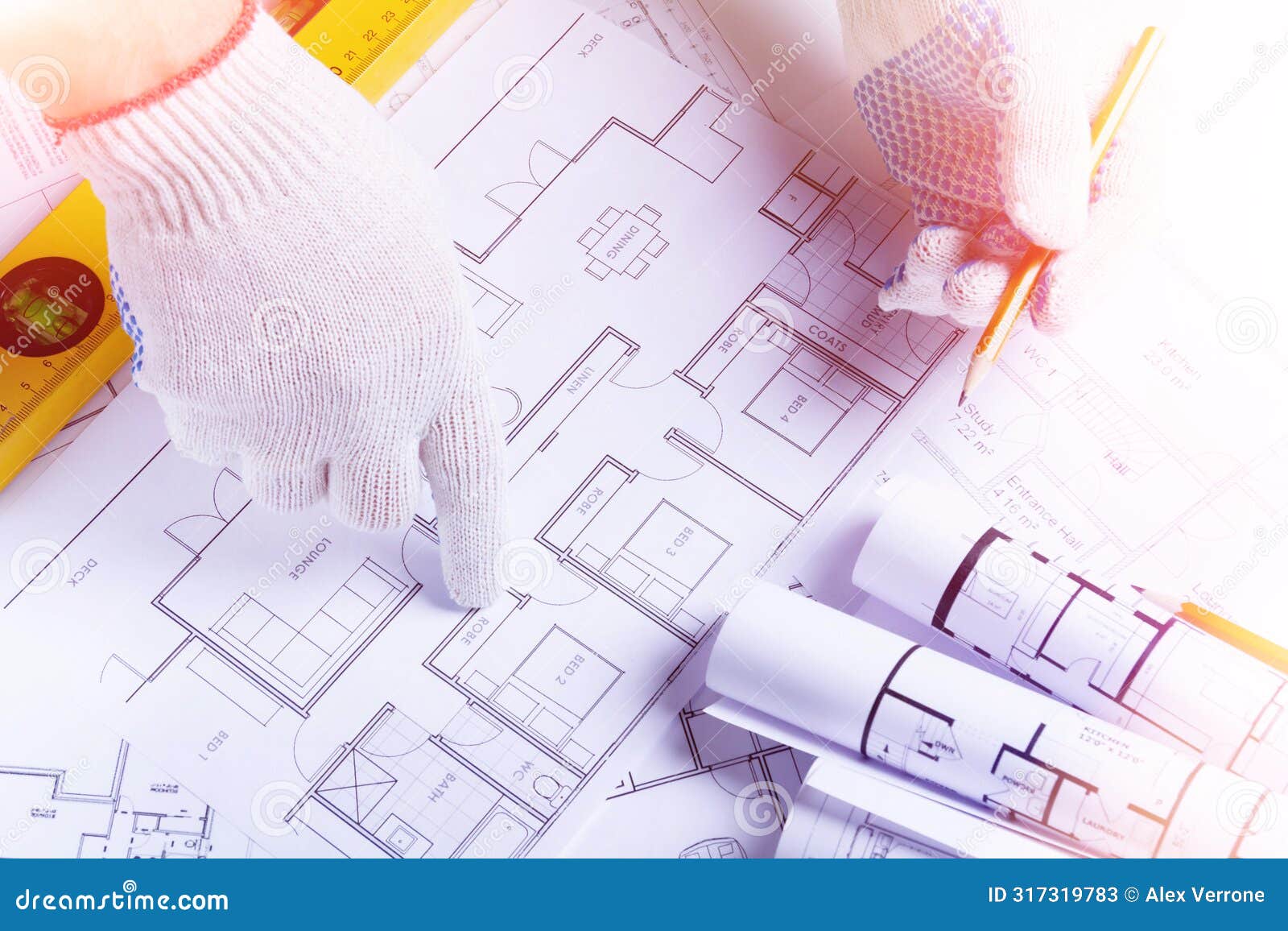 Builder S Hands on the Background of a House Plan. Construction ...