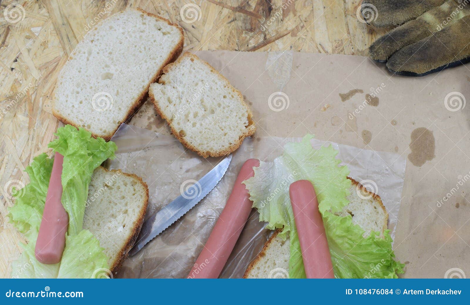 A Builder`s Lunch, a Wooden Work Table on the Construction Site with ...