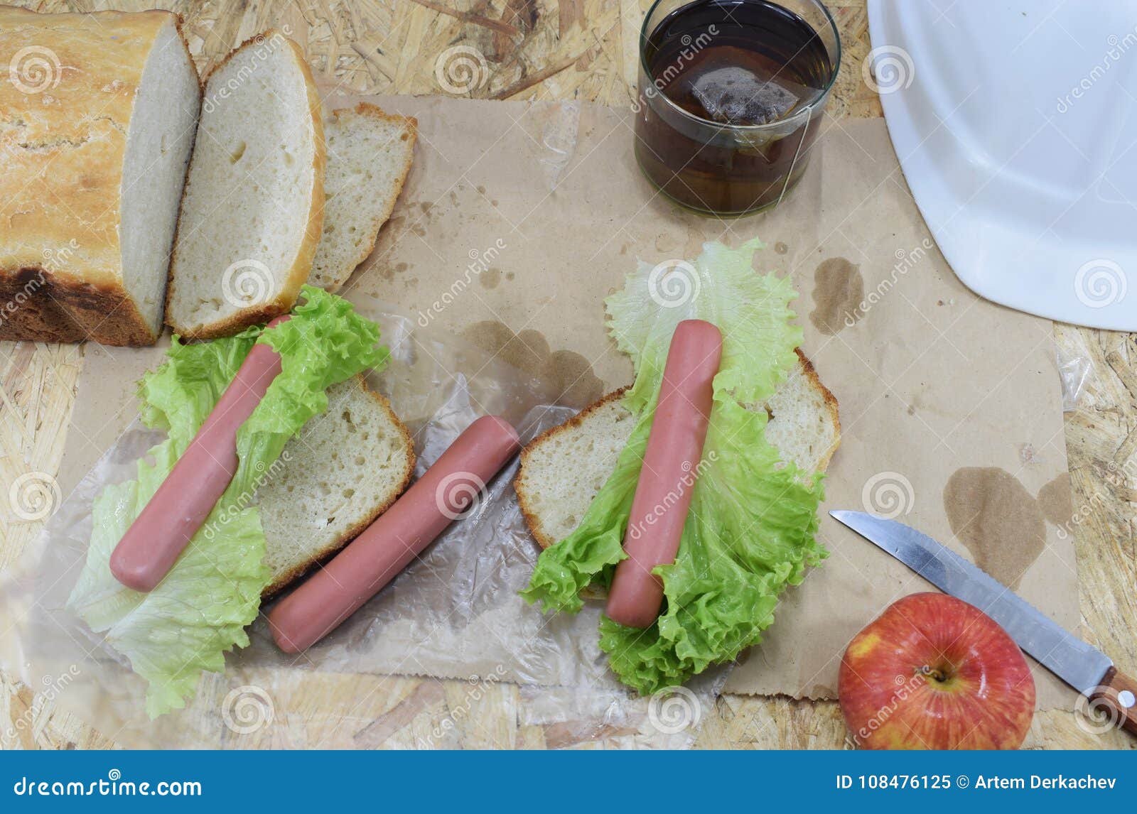 A Builder`s Lunch, a Wooden Work Table on the Construction Site with ...