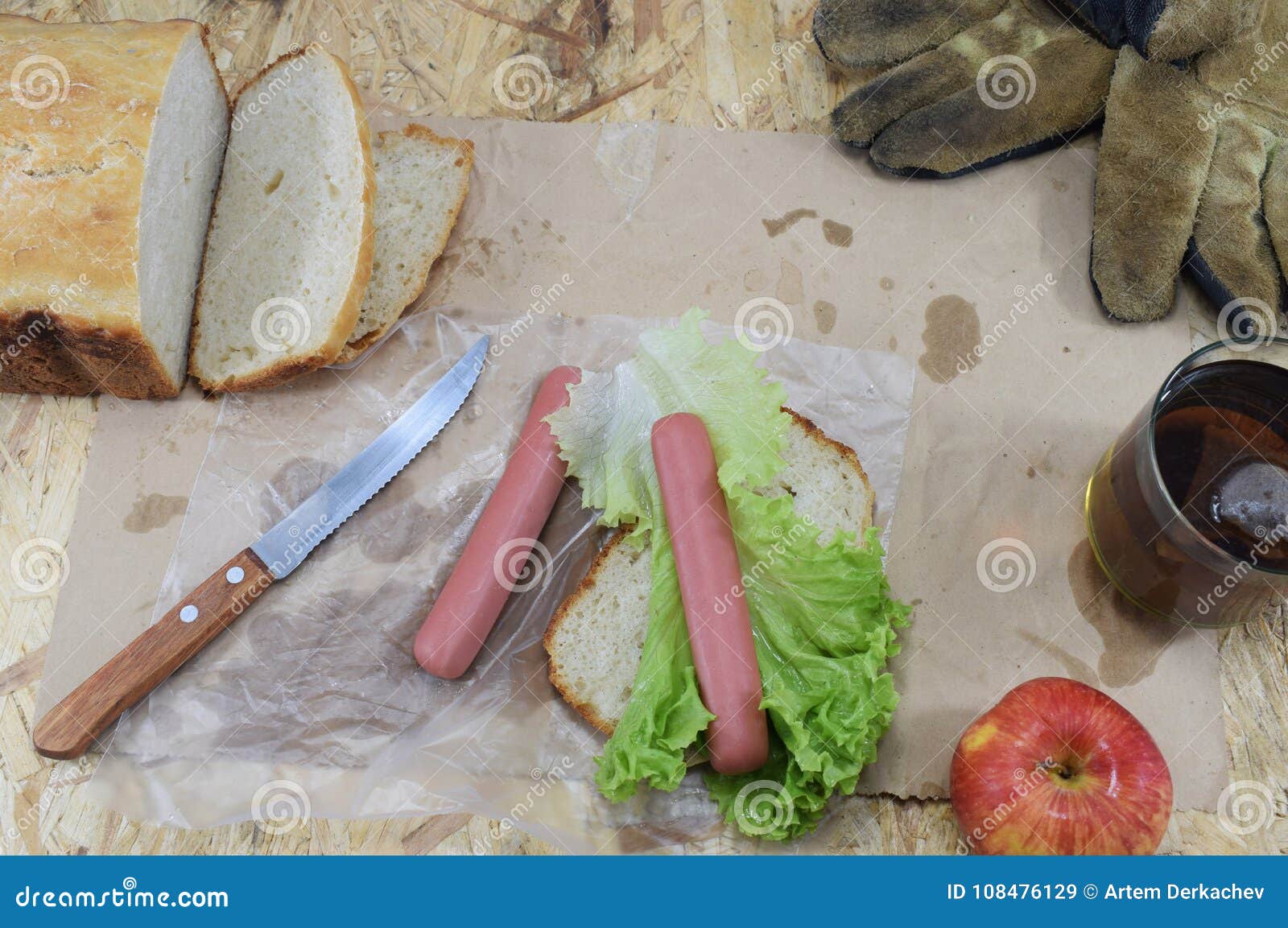 A Builder`s Lunch, a Wooden Work Table on the Construction Site with ...