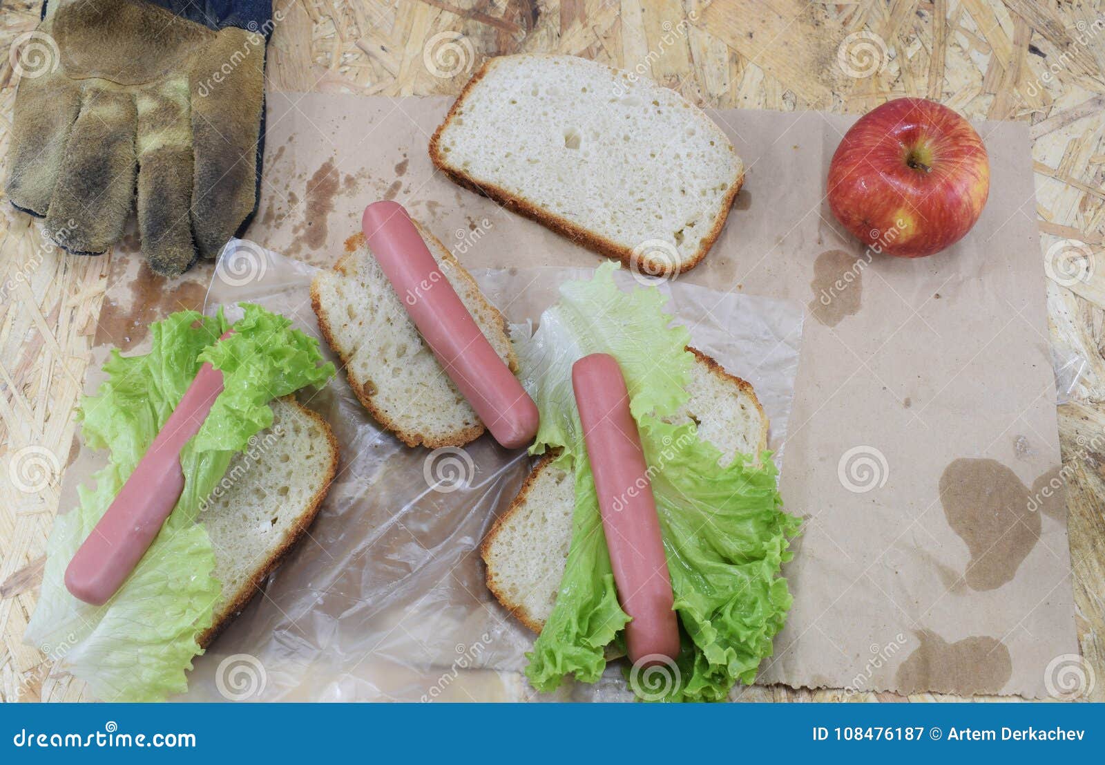 A Builder`s Lunch, a Wooden Work Table on the Construction Site with ...