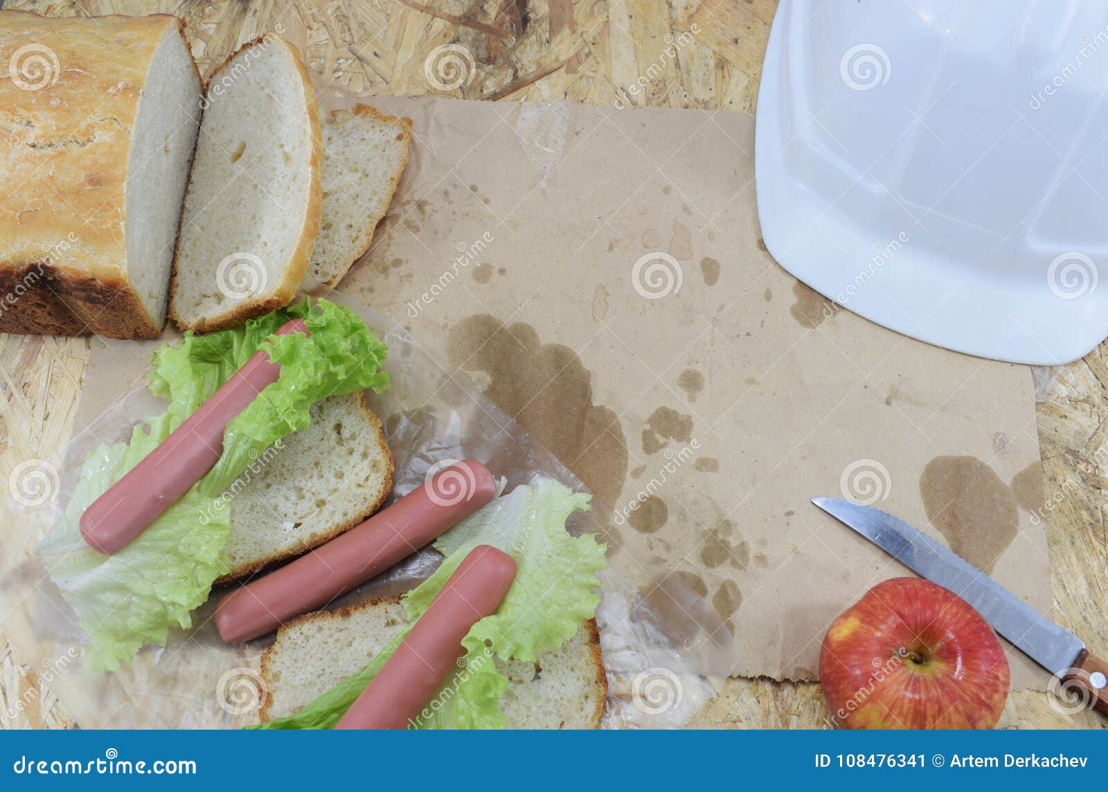 A Builder`s Lunch, a Wooden Work Table on the Construction Site with ...