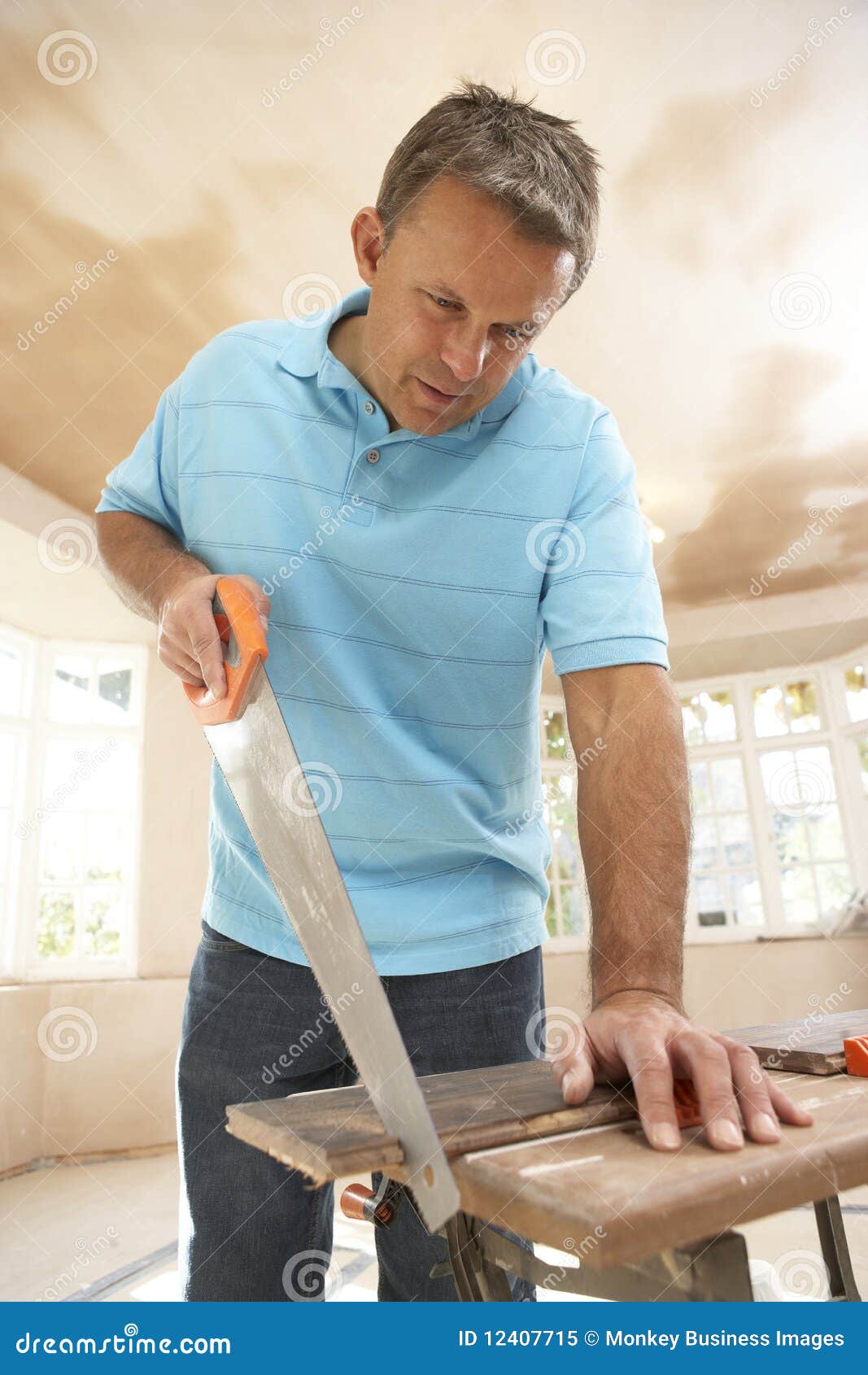 Builder Sawing Wood on Workbench Stock Image - Image of occupation ...