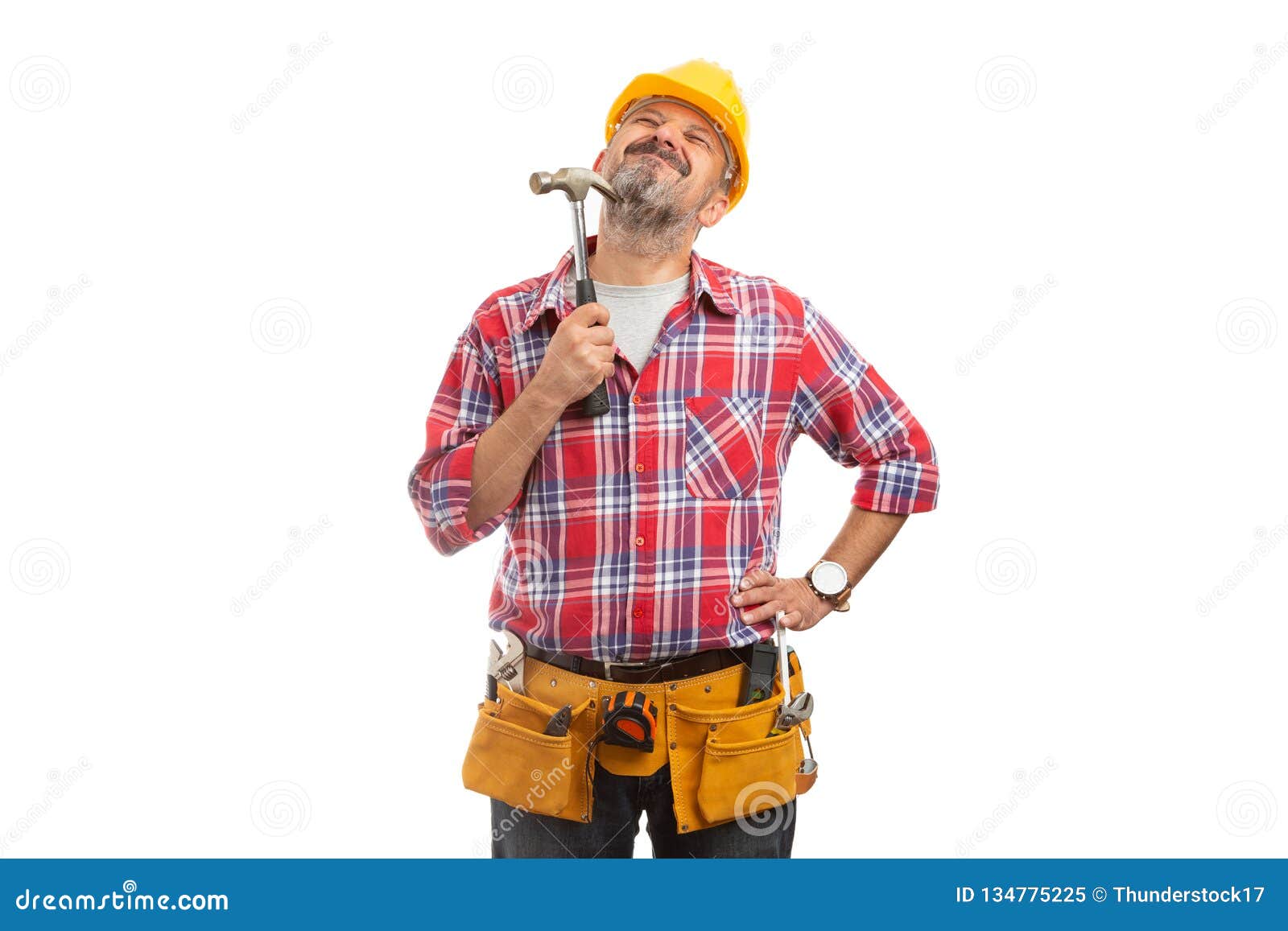 Builder Scratching Chin by Using Hammer Stock Image - Image of belt ...