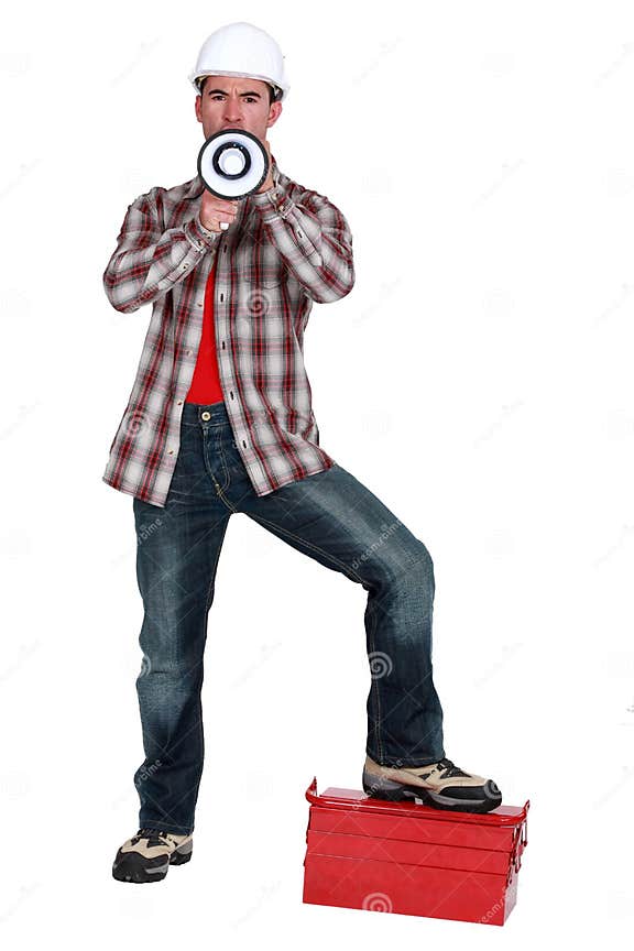 Builder Shouting into Megaphone Stock Image - Image of person ...