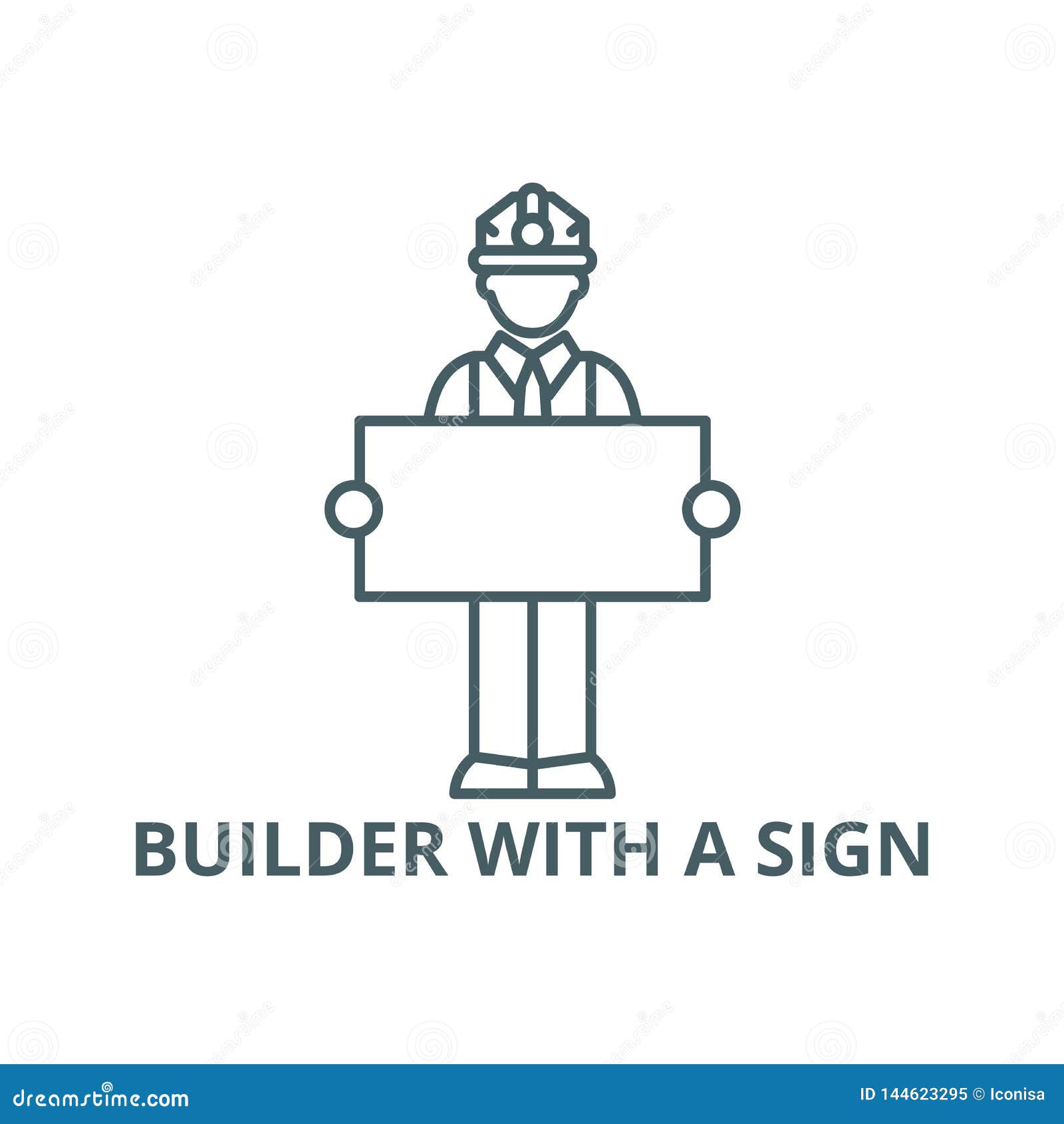 Builder with a Sign Line Icon, Vector. Builder with a Sign Outline Sign ...