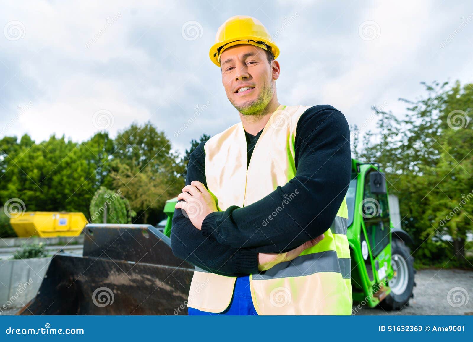 Builder on Site in Front of Construction Machinery Stock Image - Image ...