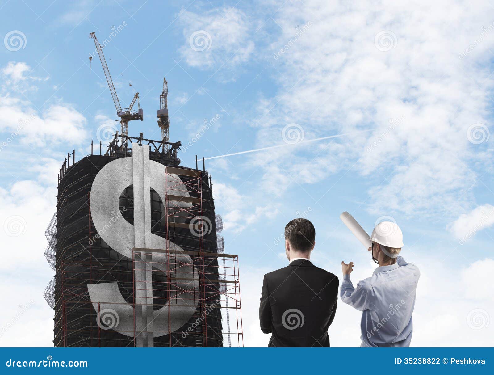 Builder and Skyscraper with Dollar Stock Photo - Image of hard, money ...
