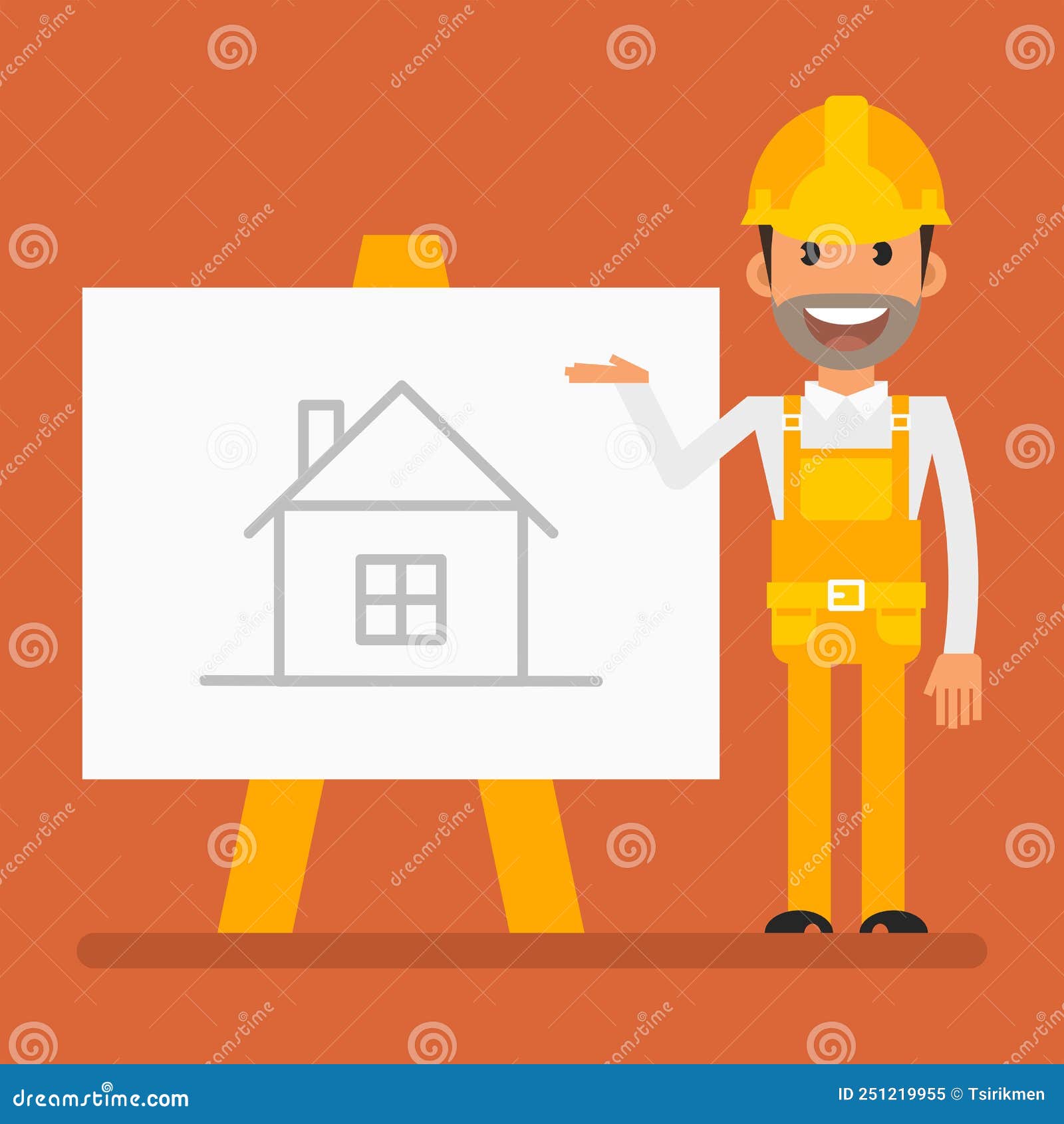 Builder Smiling and Pointing with Hand on Flip Chart with Drawing House ...