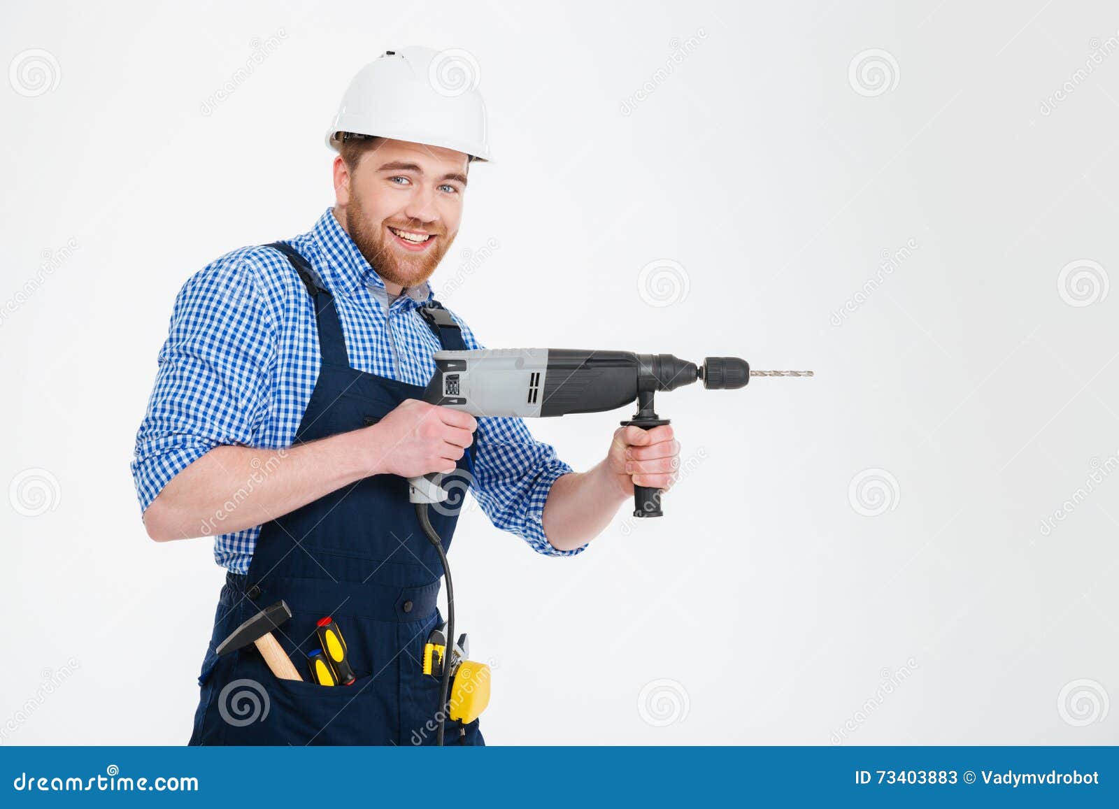 Builder Smiling and Using Modern Drill Stock Image - Image of foreman ...