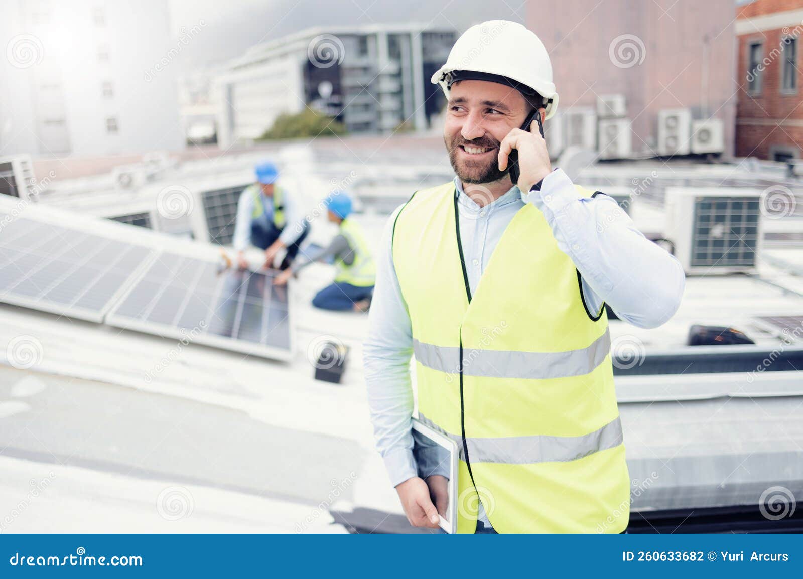 Builder, Solar Panel and Construction Man and Phone Call for ...