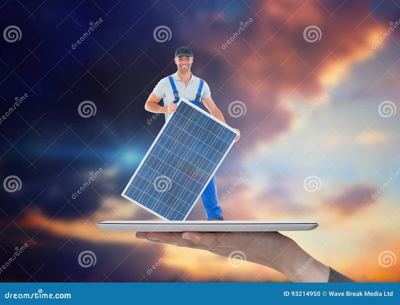 Builder with Solar Panel on Tablet on the Hand. Sky Background Stock ...