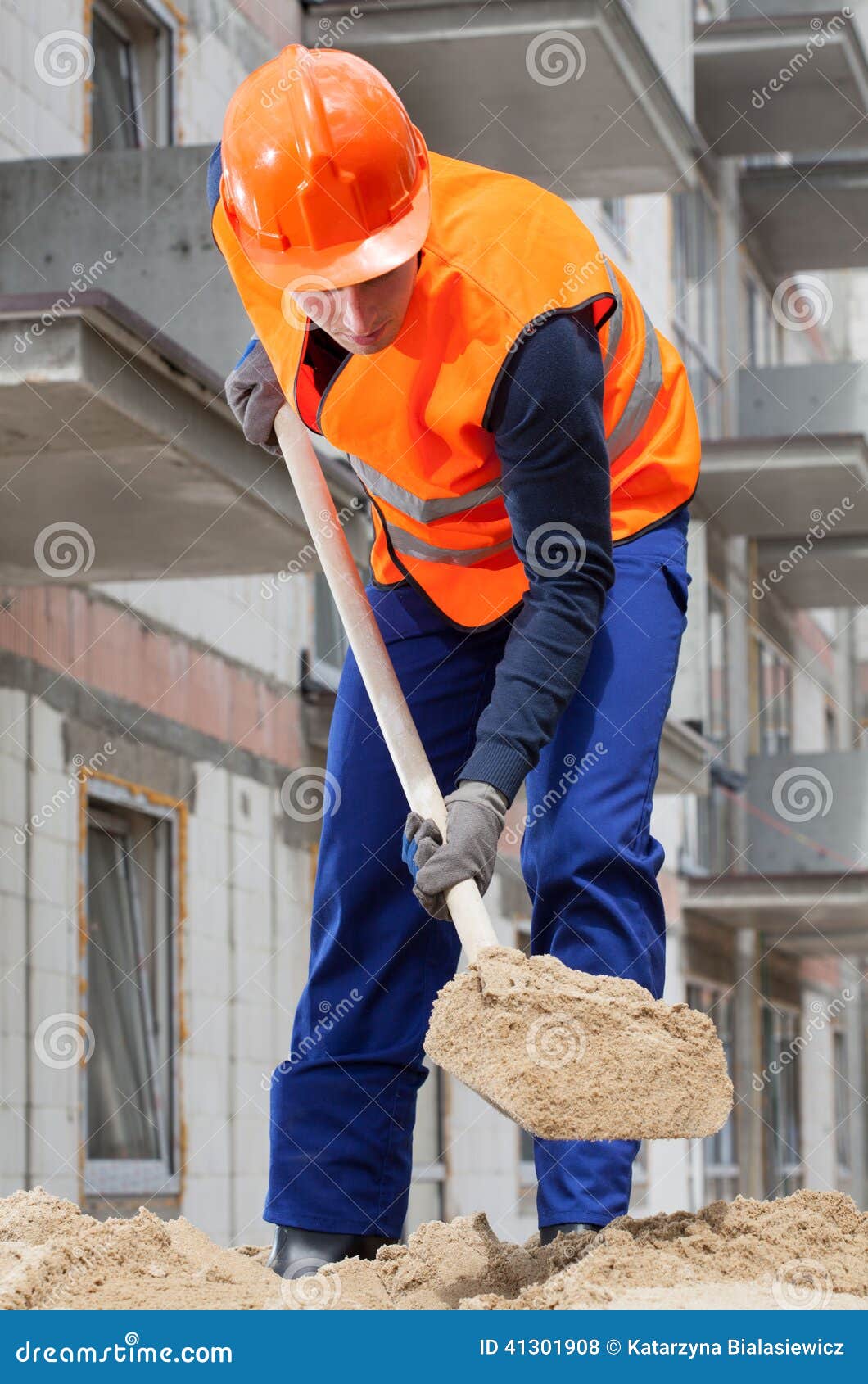 Builder Spanning Sand with Spade Stock Photo - Image of inspection ...