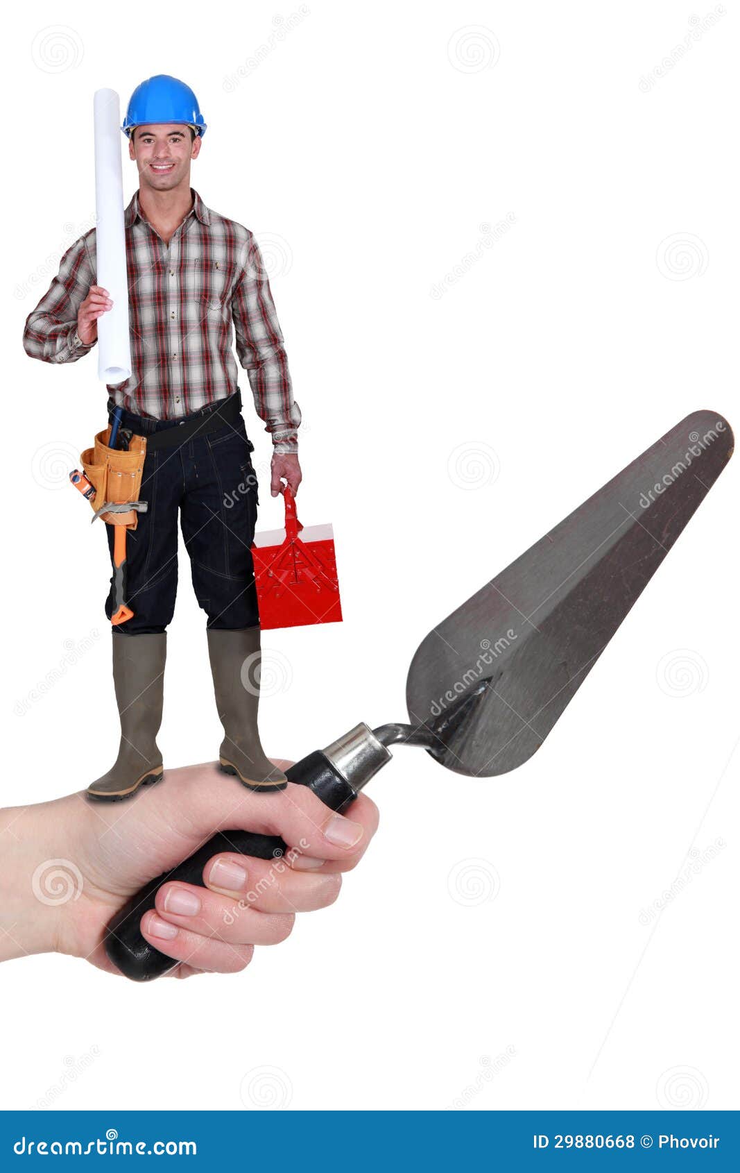Builder Standing on Giant Hand Stock Photo - Image of equipment ...