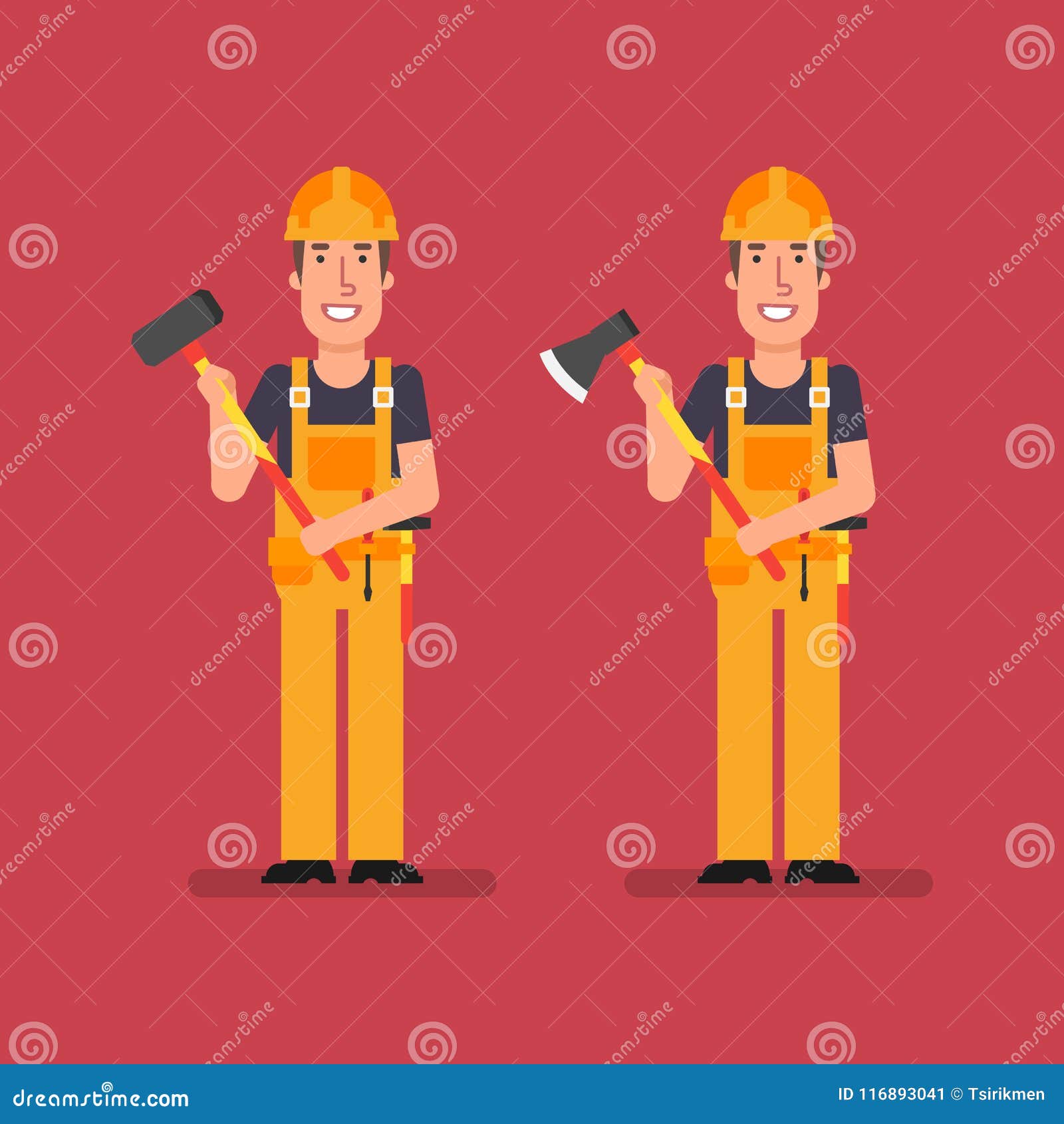 Builder Stands and Holds Big Hammer and Ax Stock Vector - Illustration ...