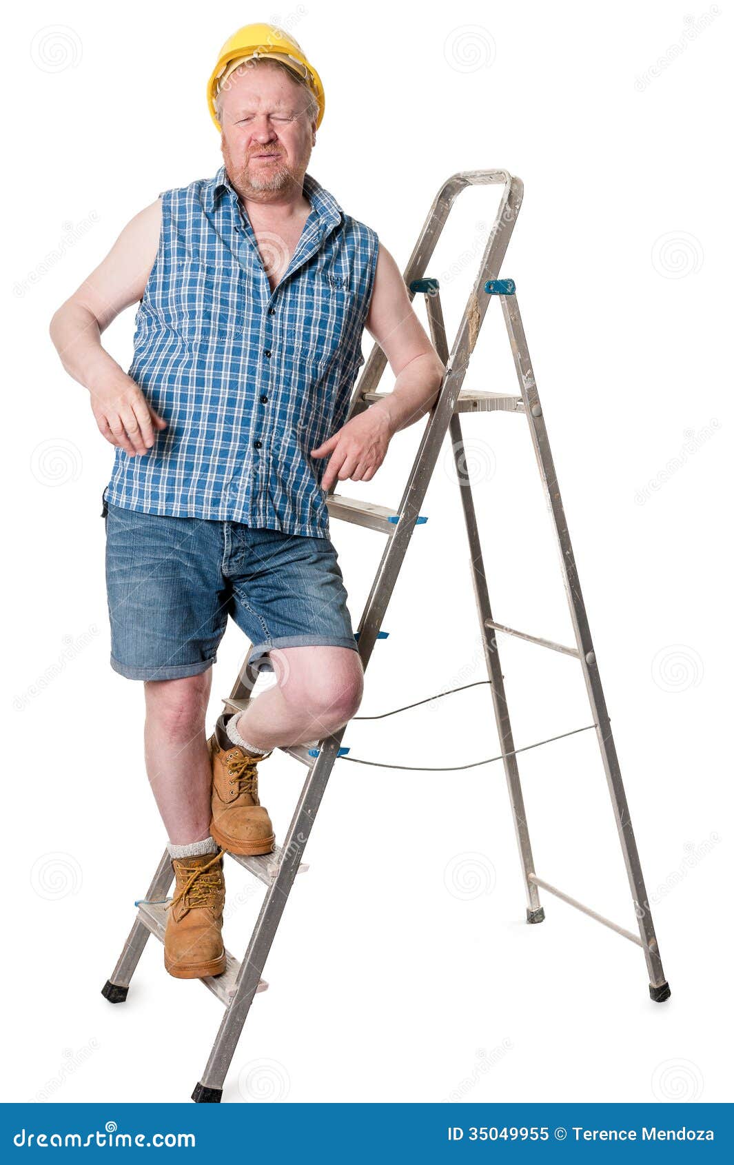 Builder on Step Ladder - Isolated on White Stock Image - Image of ...