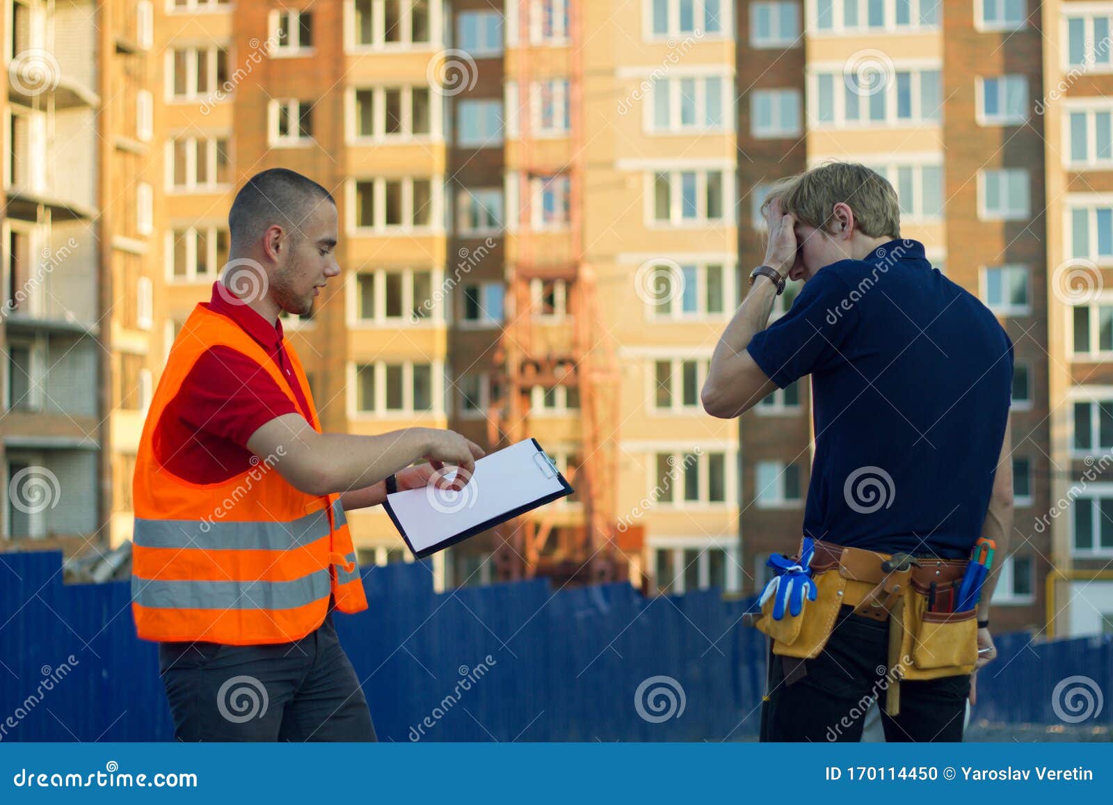 Builder in Stress and Constructor Foreman Worker with Helmet and Vest ...