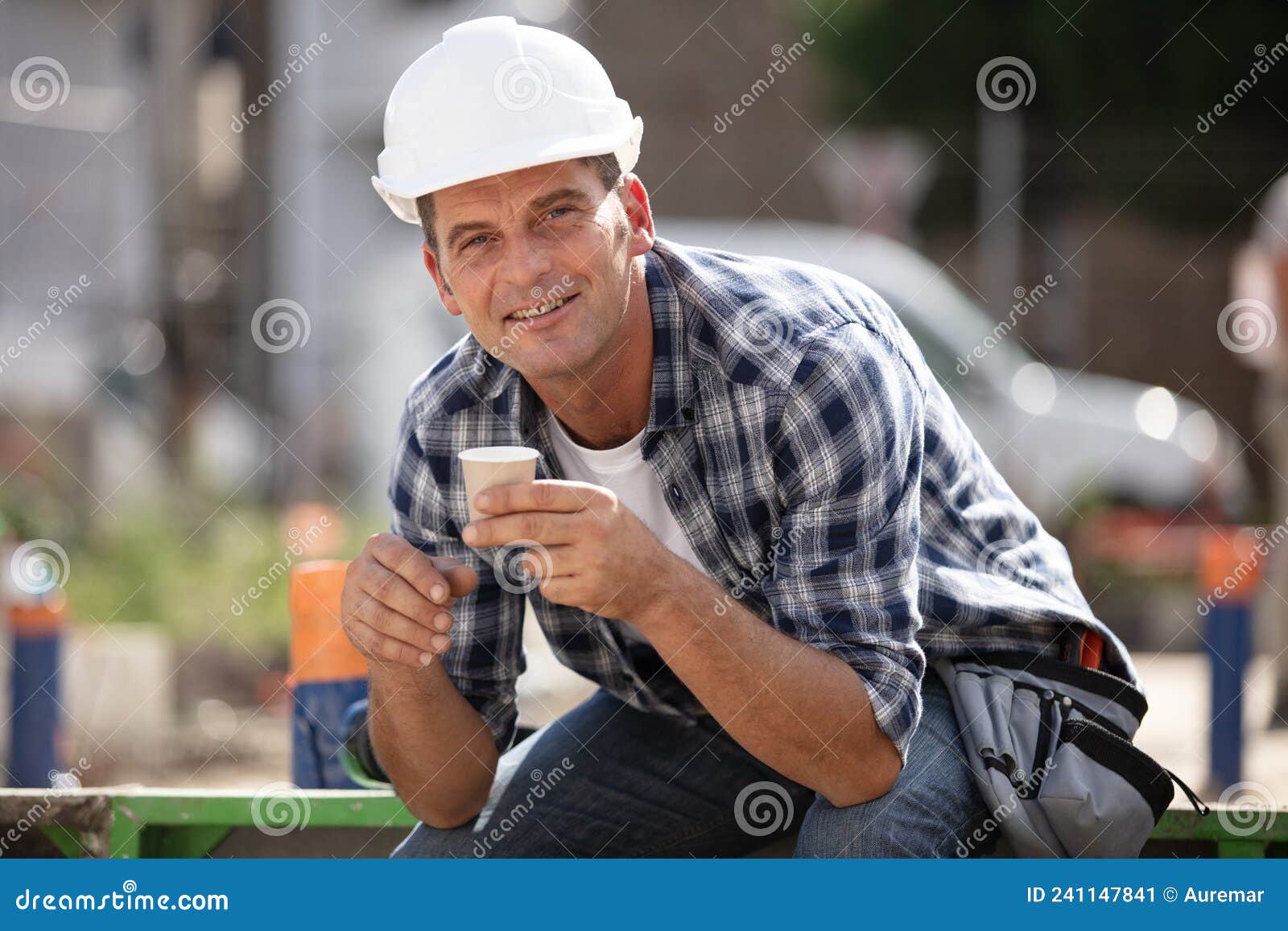 Builder Taking Welcome Coffee Break Stock Image - Image of workplace ...