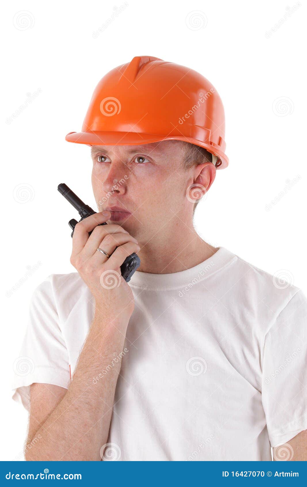 Builder Talking on Portable UHF Radio Transceiver Stock Photo - Image ...