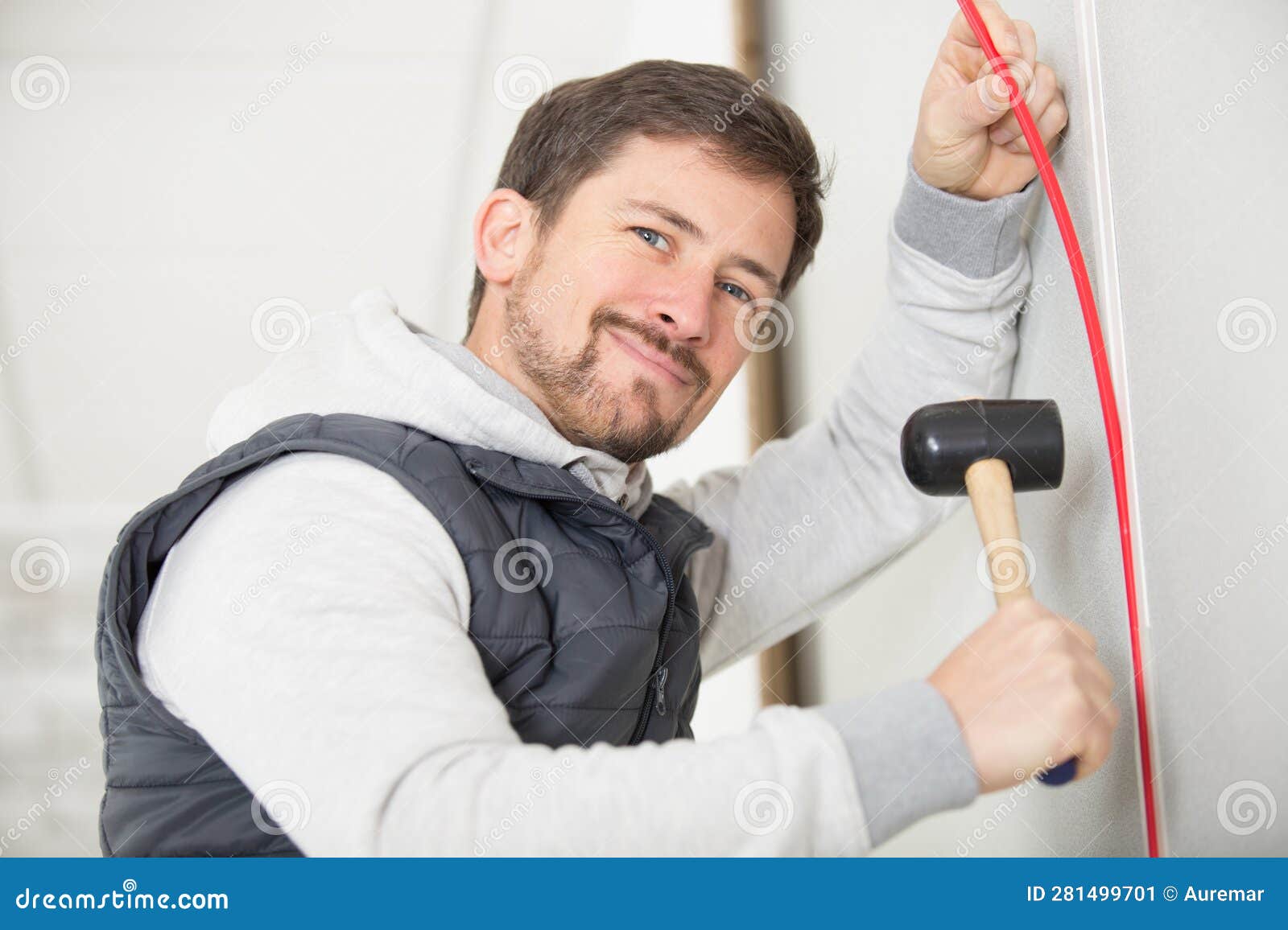 Builder Tapping Beading into Join in Wall Stock Image - Image of ...