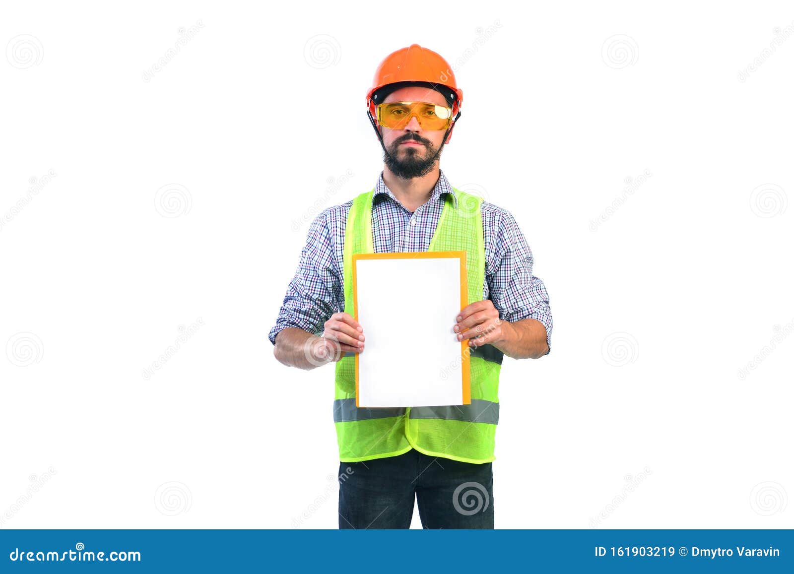 Builder Template. Foreman Holds an Empty Paper for Your Text or Message ...