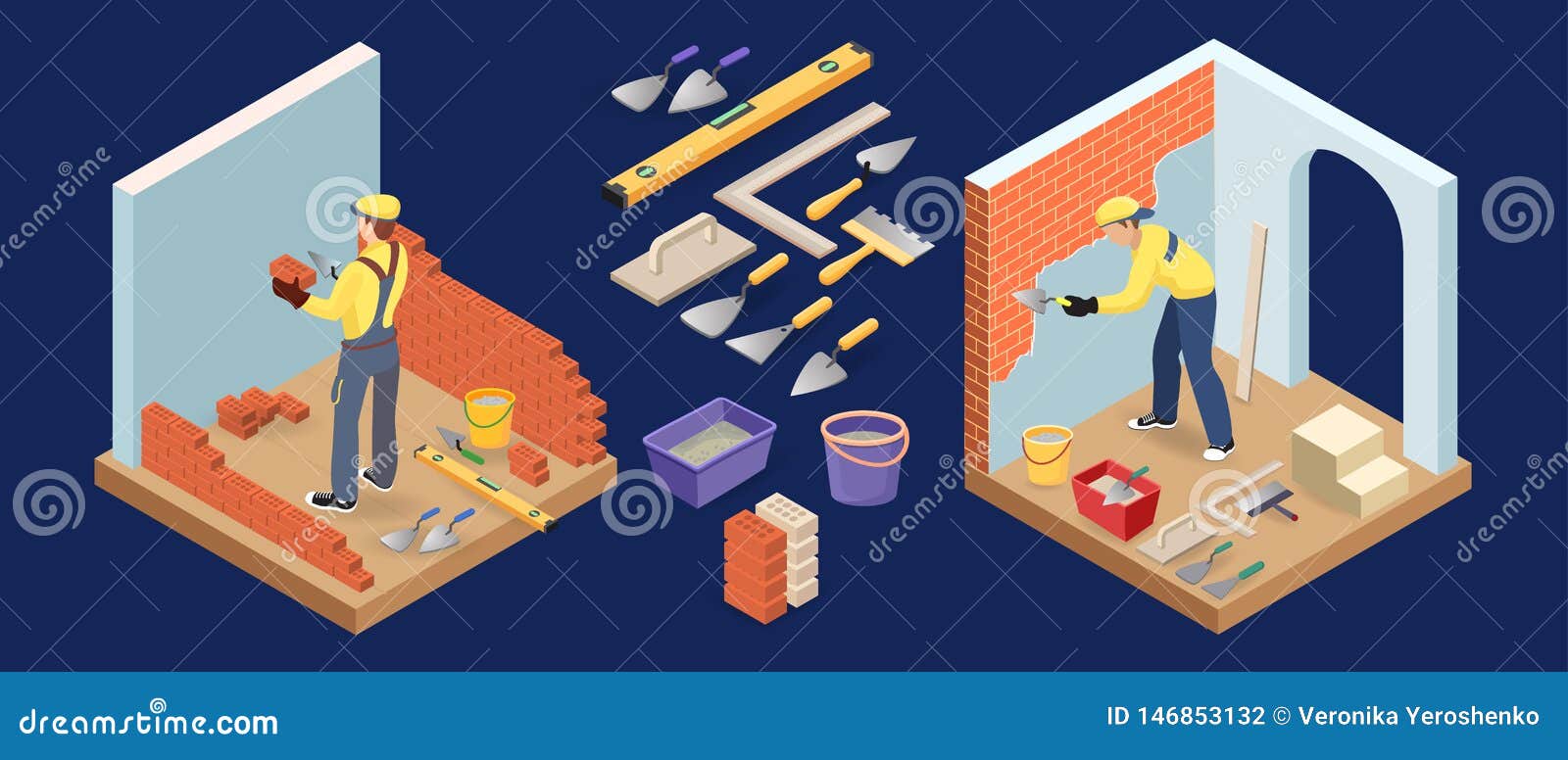 Builder Materials. Construction Tools Pile Bricks Gypsum Cement Sand ...