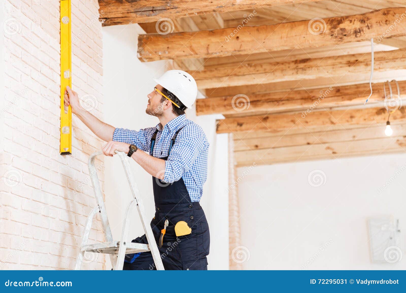 Builder Using Consruction Level and Standing N the Ladder Stock Image ...