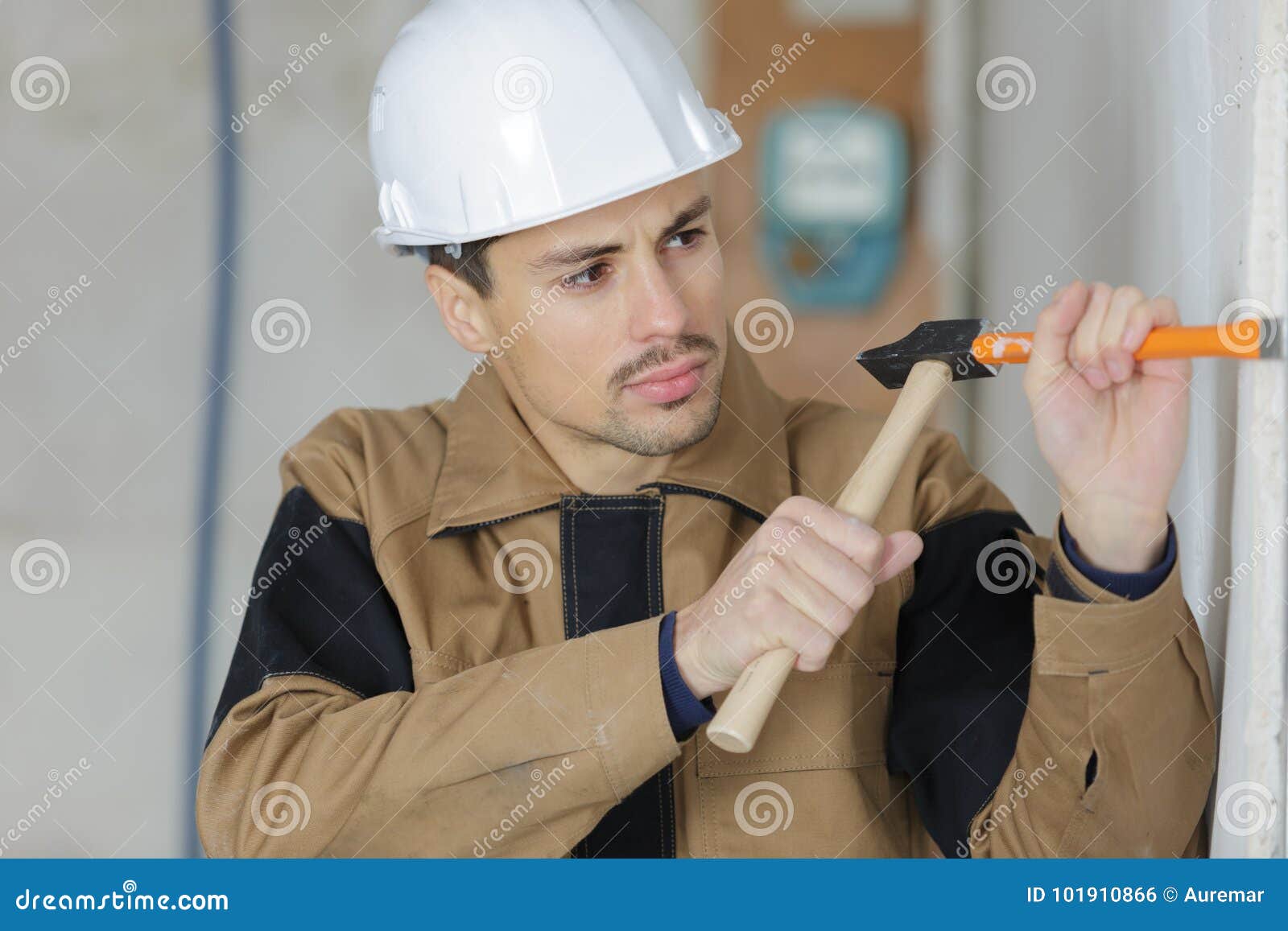 Builder Using Hammer To Remove Plaster from Wall Stock Photo - Image of ...