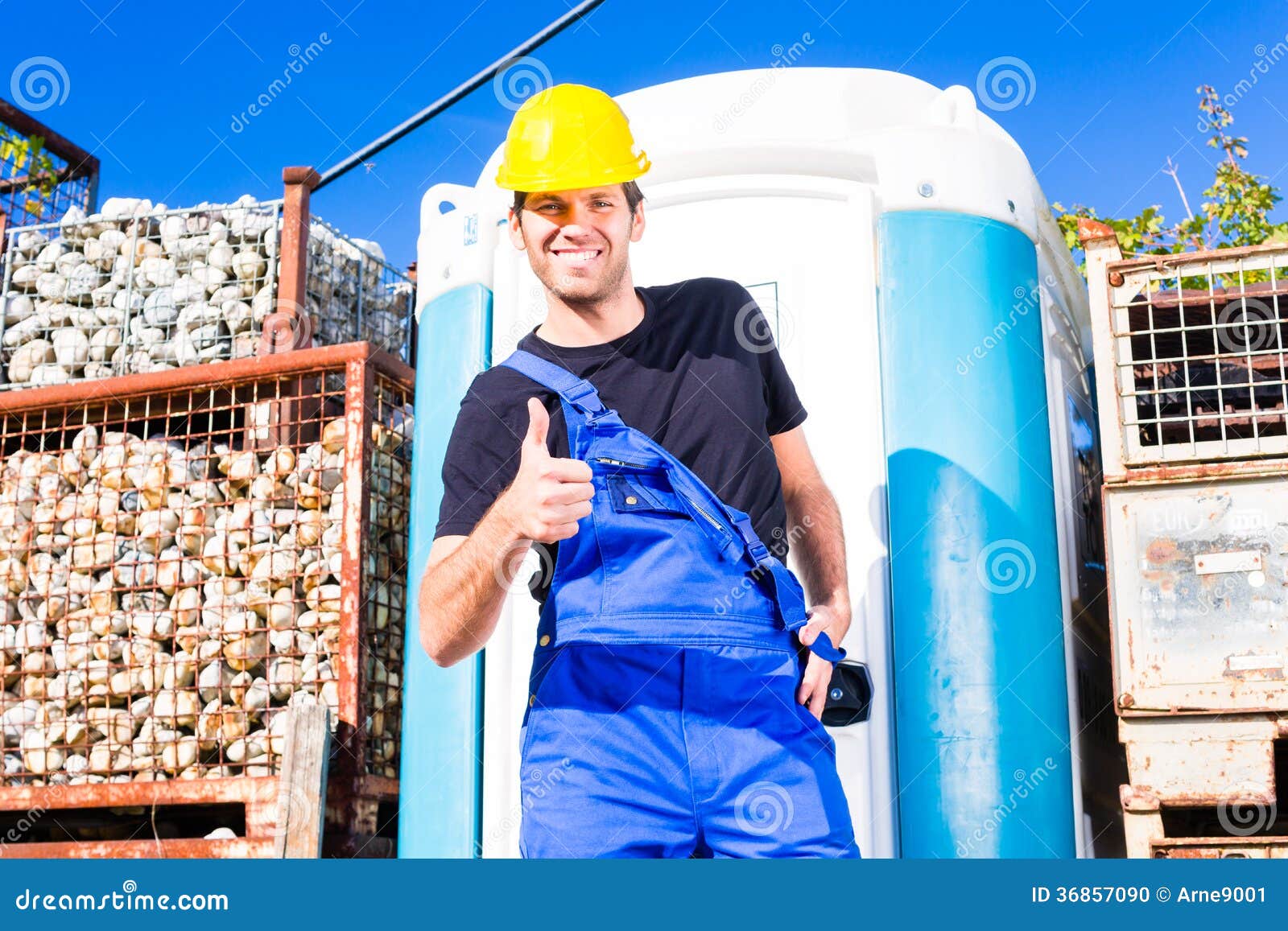 Builder Using Mobile Toilet on Site Stock Photo - Image of work ...