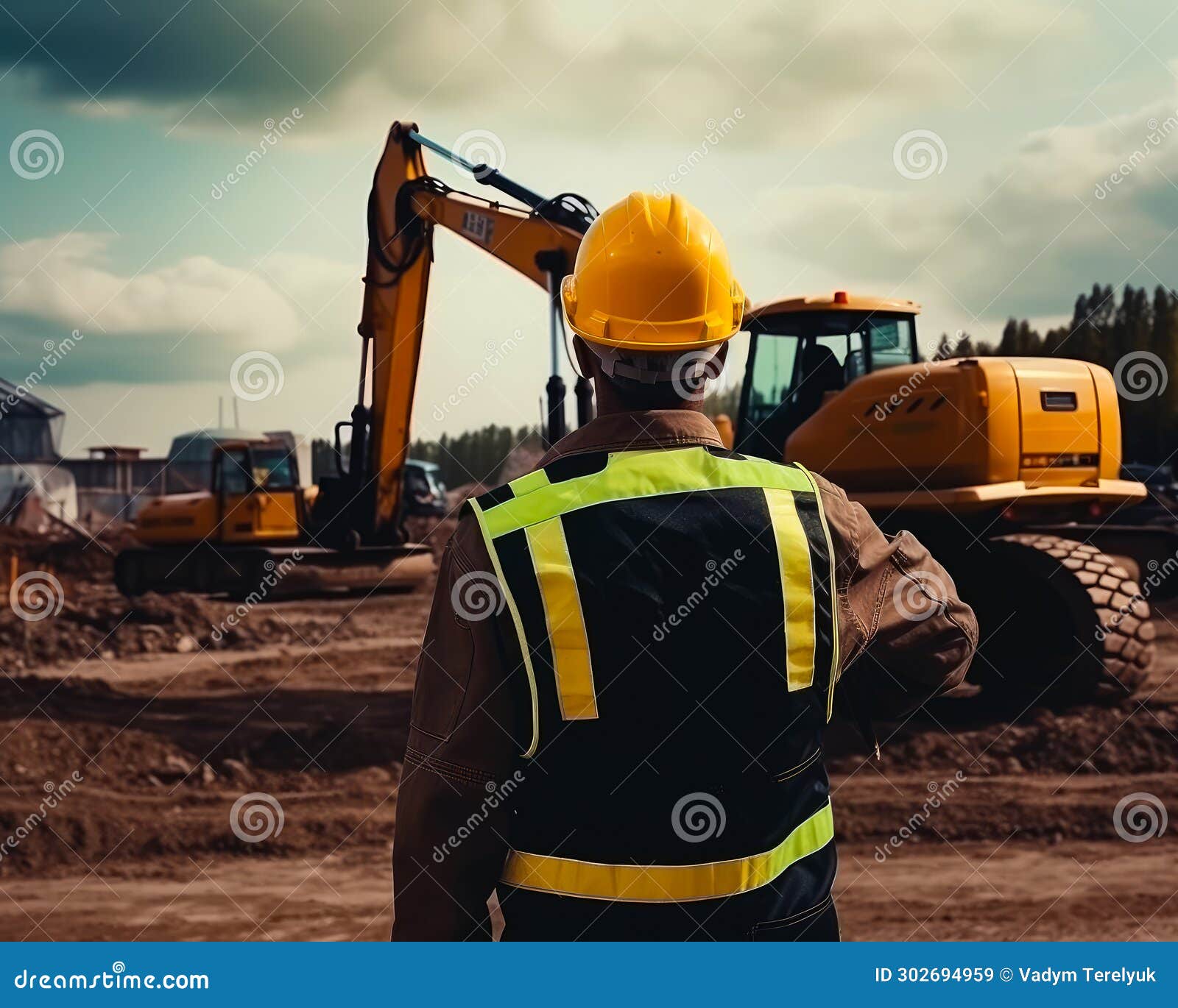 Builder in Vest and Cask Standing His Back To Camera. Construction ...