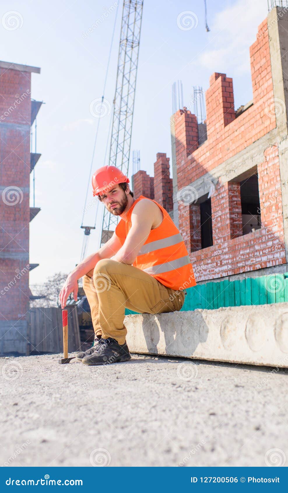 Builder Vest and Helmet Construction Site Sit Relaxing. Guy Protective ...